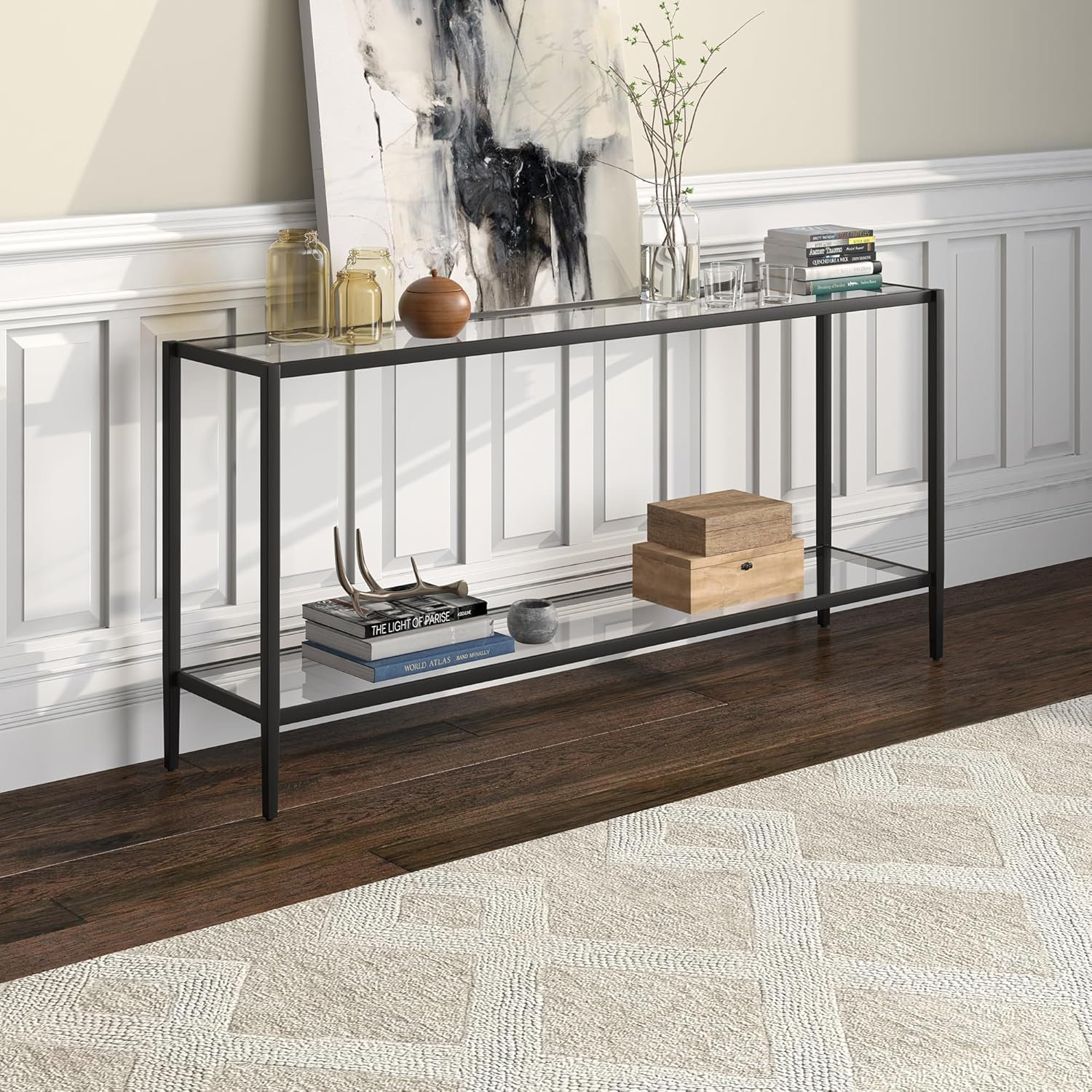 Hokku Designs Modern Rectangular Console Table With Tempered Glass ...