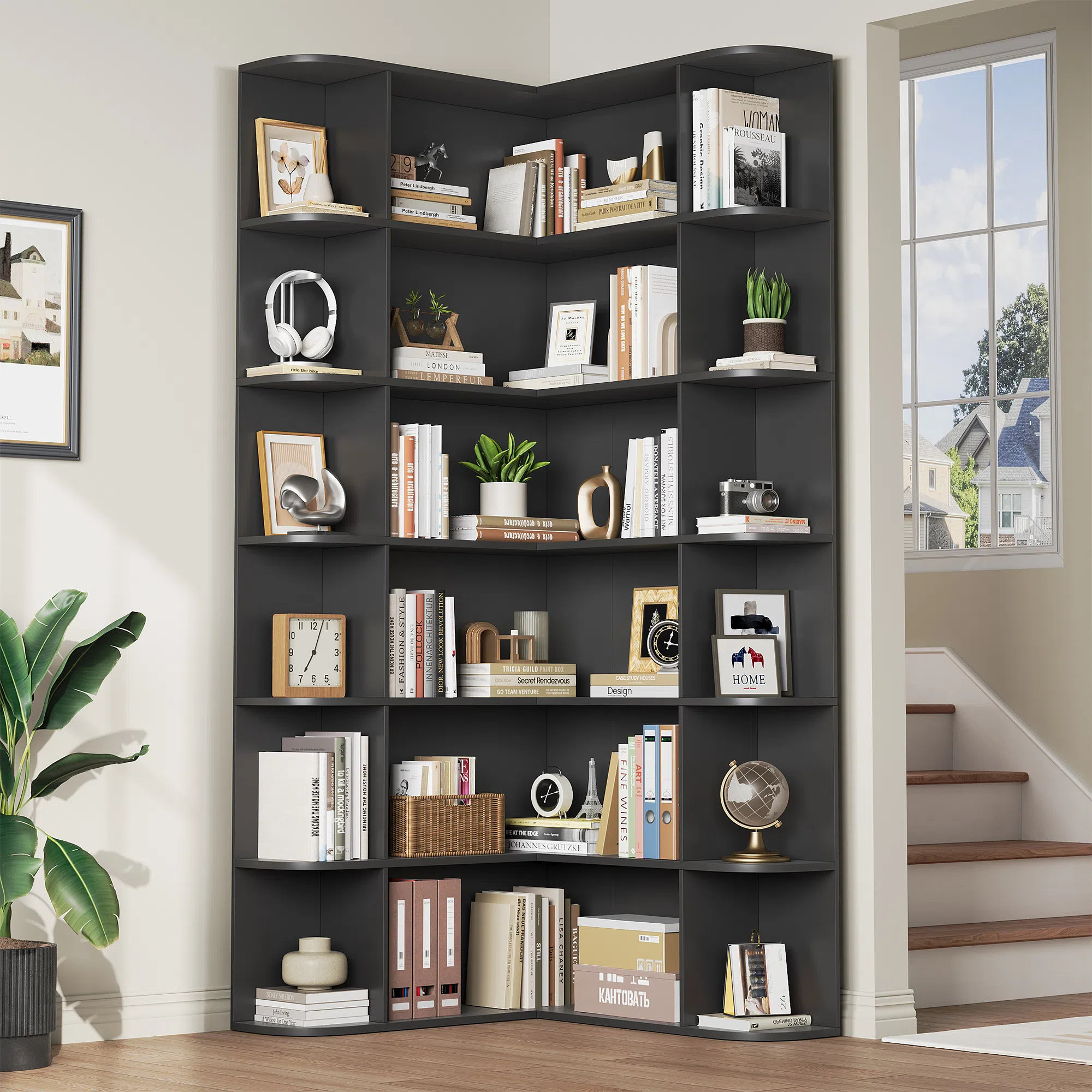 Ebern Designs 73.9" Hcorner Bookcase 6 Tier L-Shaped Bookshelf ...