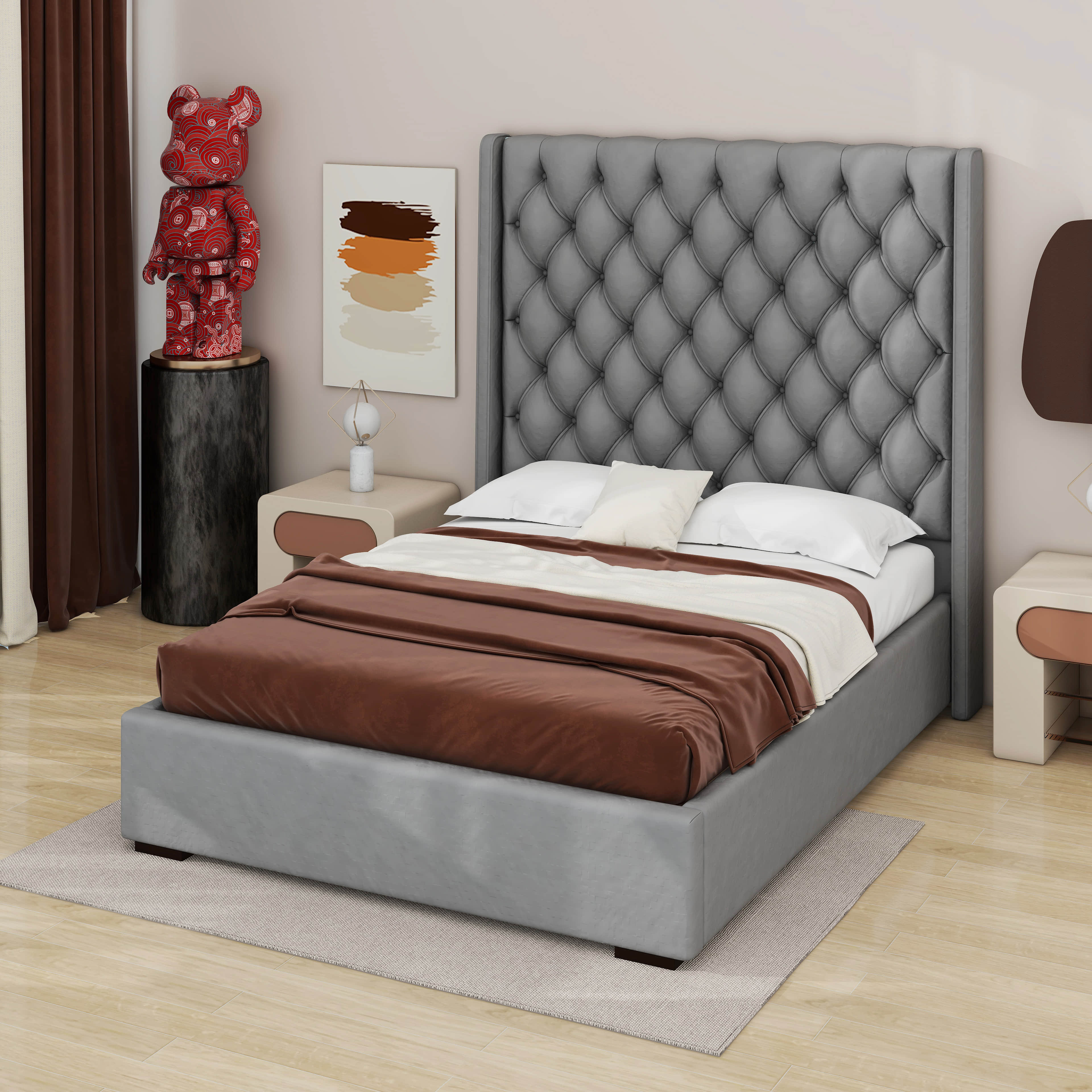 Mercer41 Velvet Bed Frame Platform, 67.5" Tall Upholstered Headboard ...