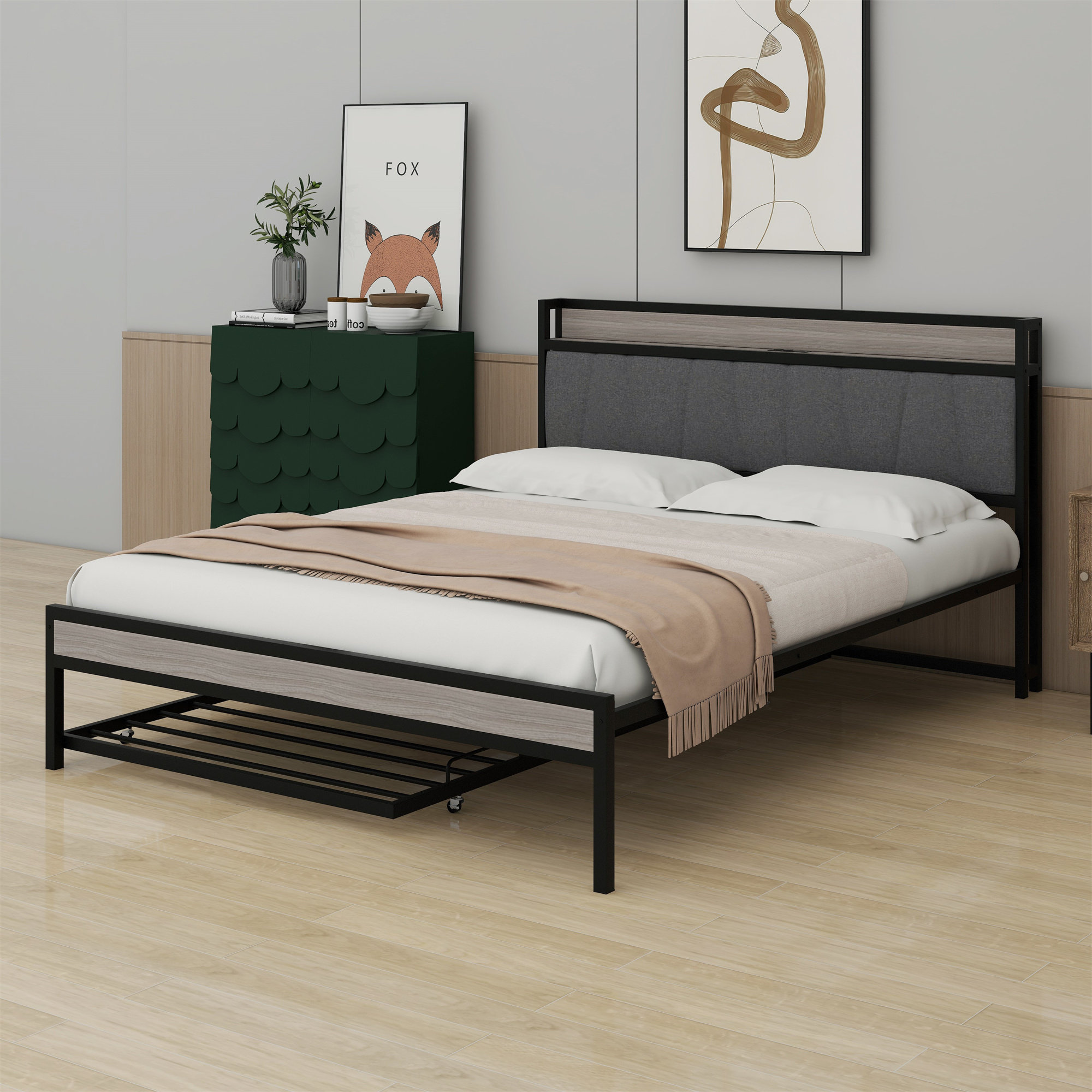 17 Stories Metal Platform Bed With Trundle, Upholstered Headboard ...