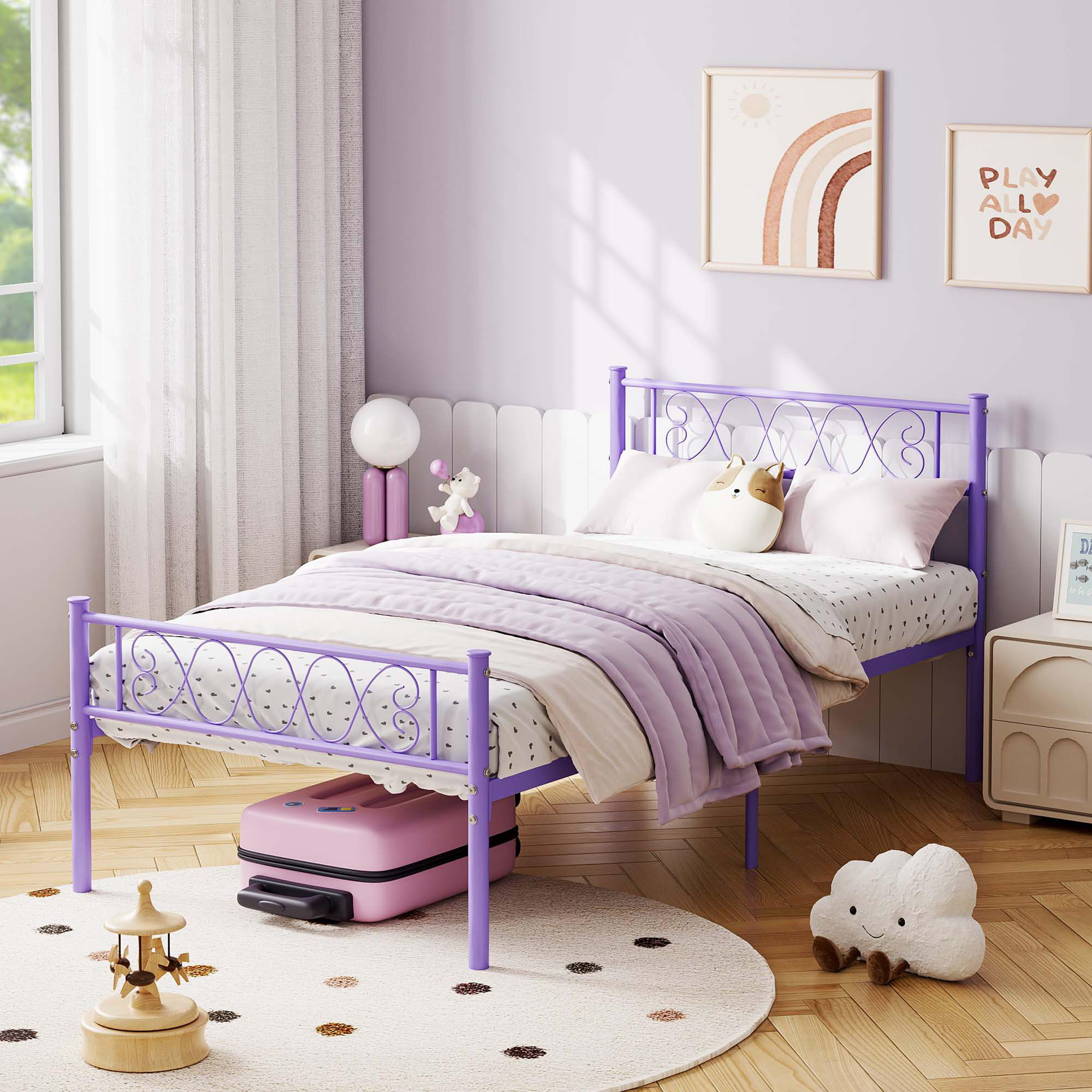 Winston Porter Twin Platform Bed Frame, Purple Metal Bed Frame With Heart-Shaped Iron Headboard ...