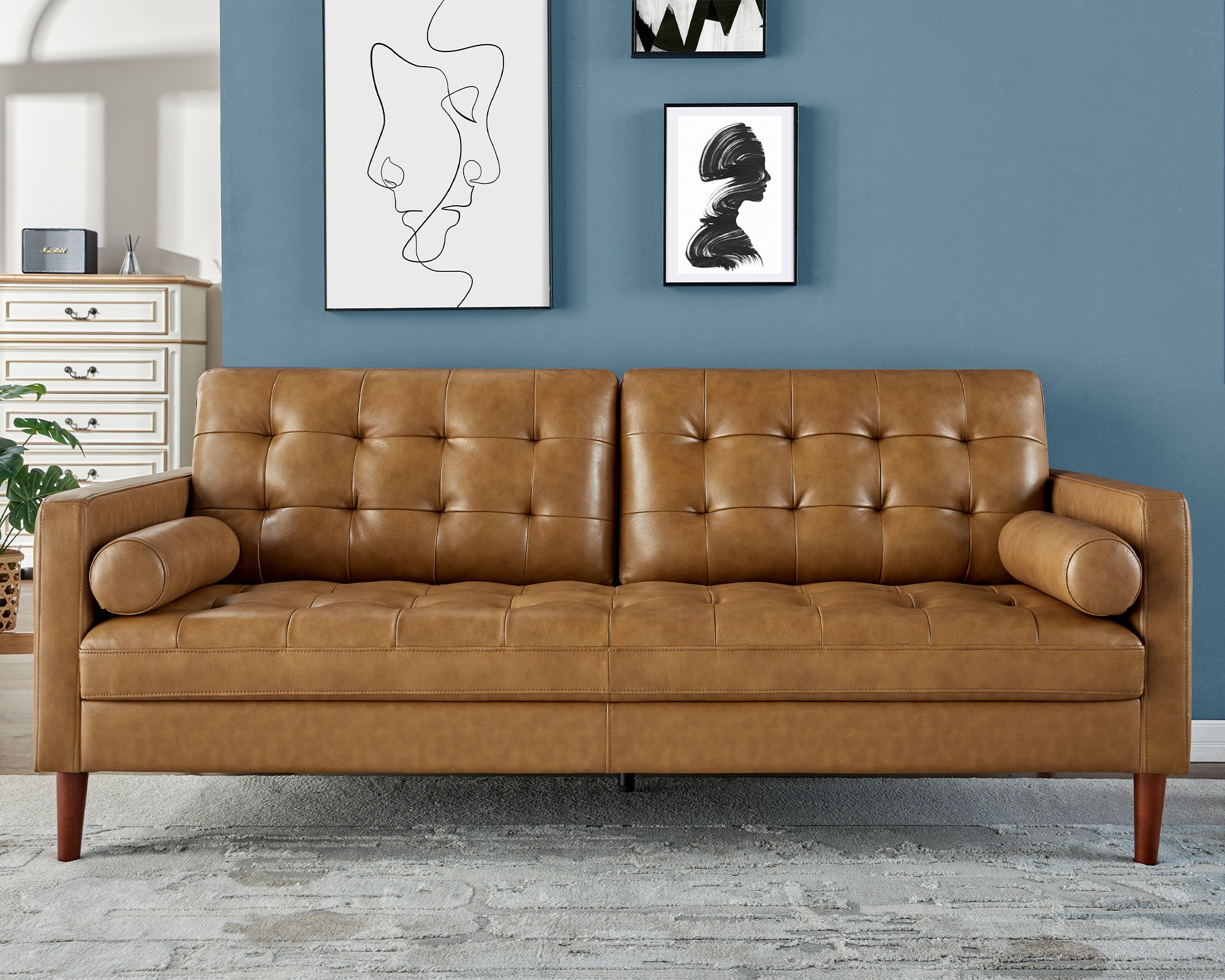 Latitude Run® Leather Sofa Couch, Mid-Century Modern Leather 3-Seater ...
