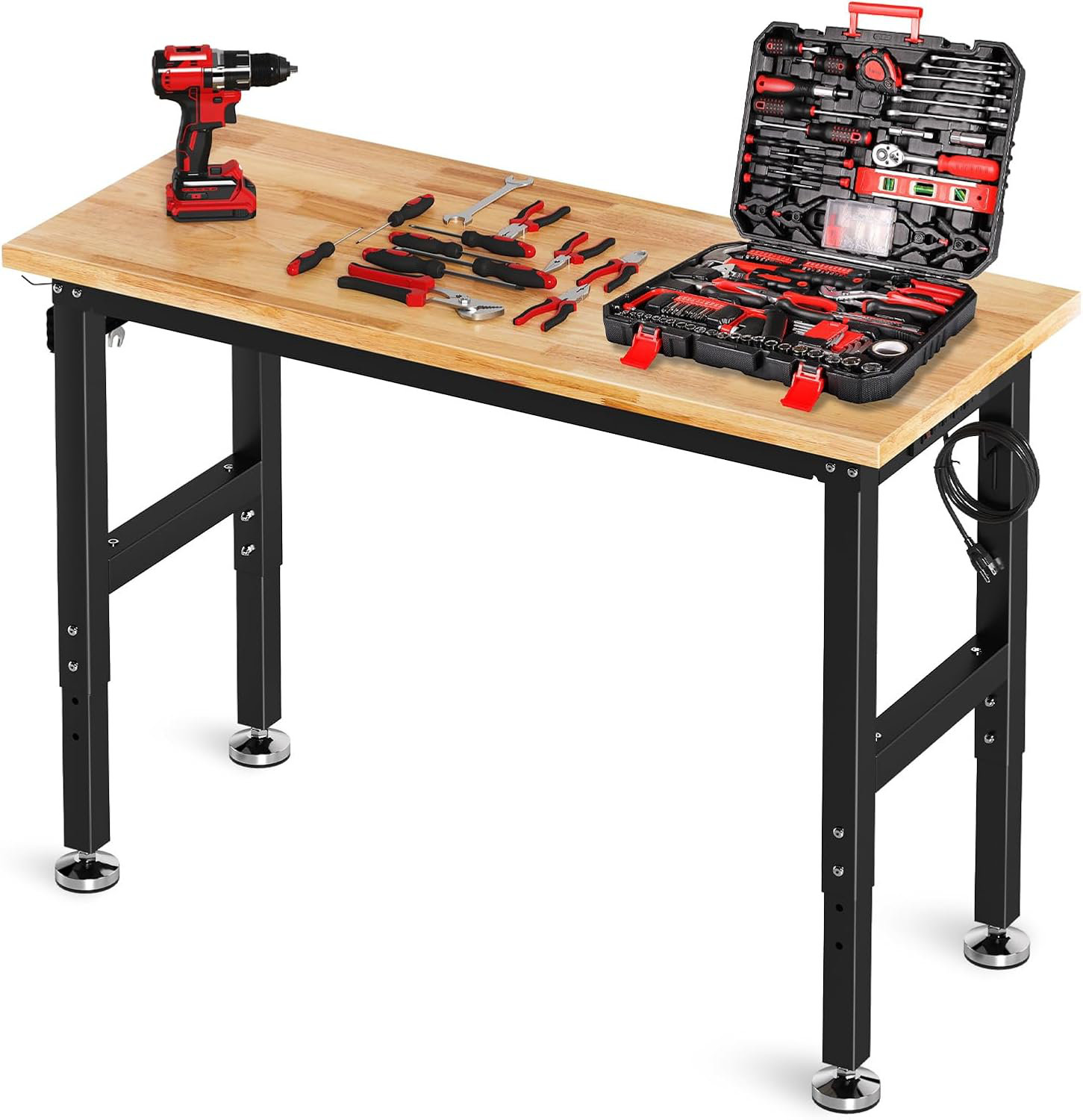 17 Stories Adjustable Work Bench With Power Outlet, Rubber Wood Top ...