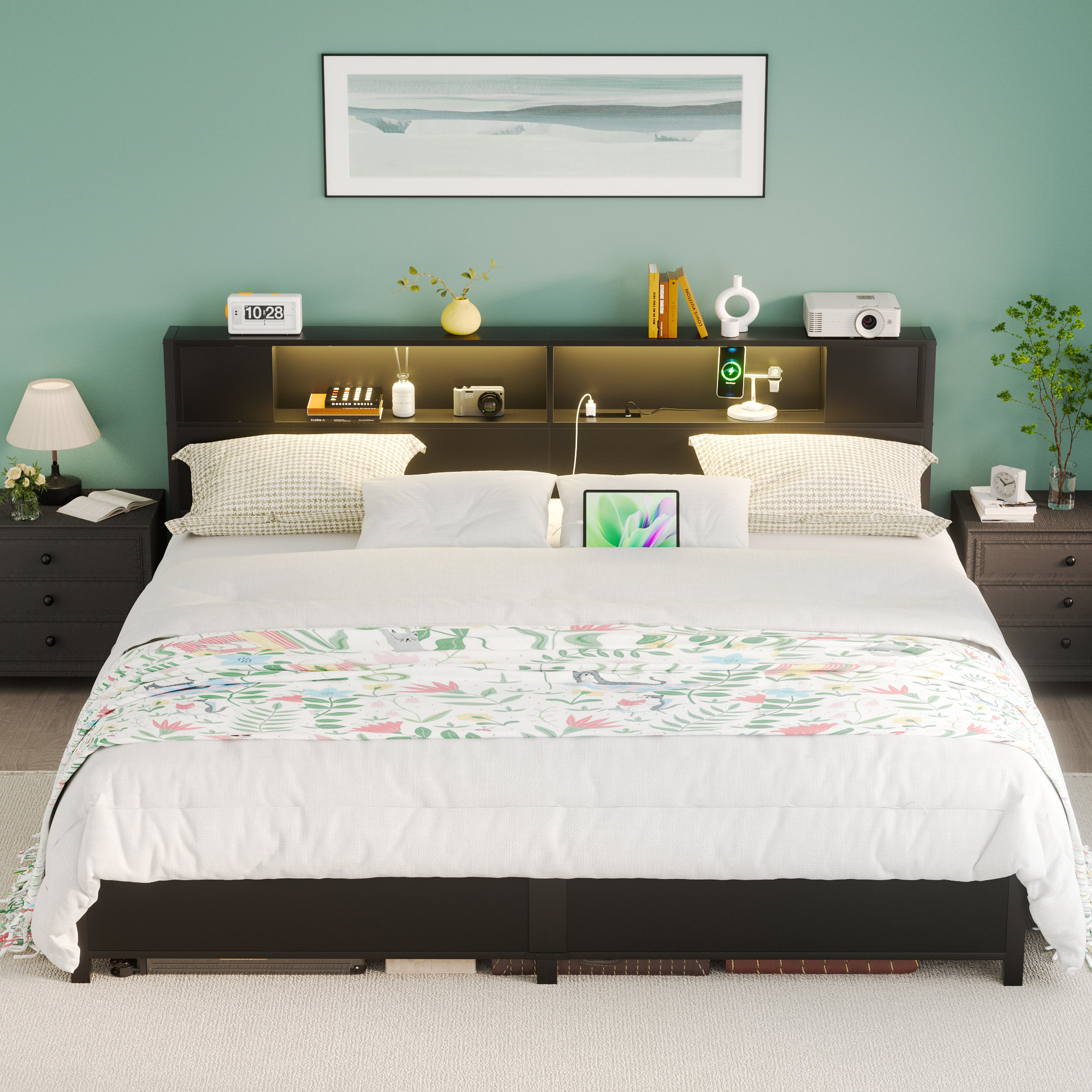 Latitude Run® Metal Bed Frame With Headboard,2 Cabinets With Doors, LED ...