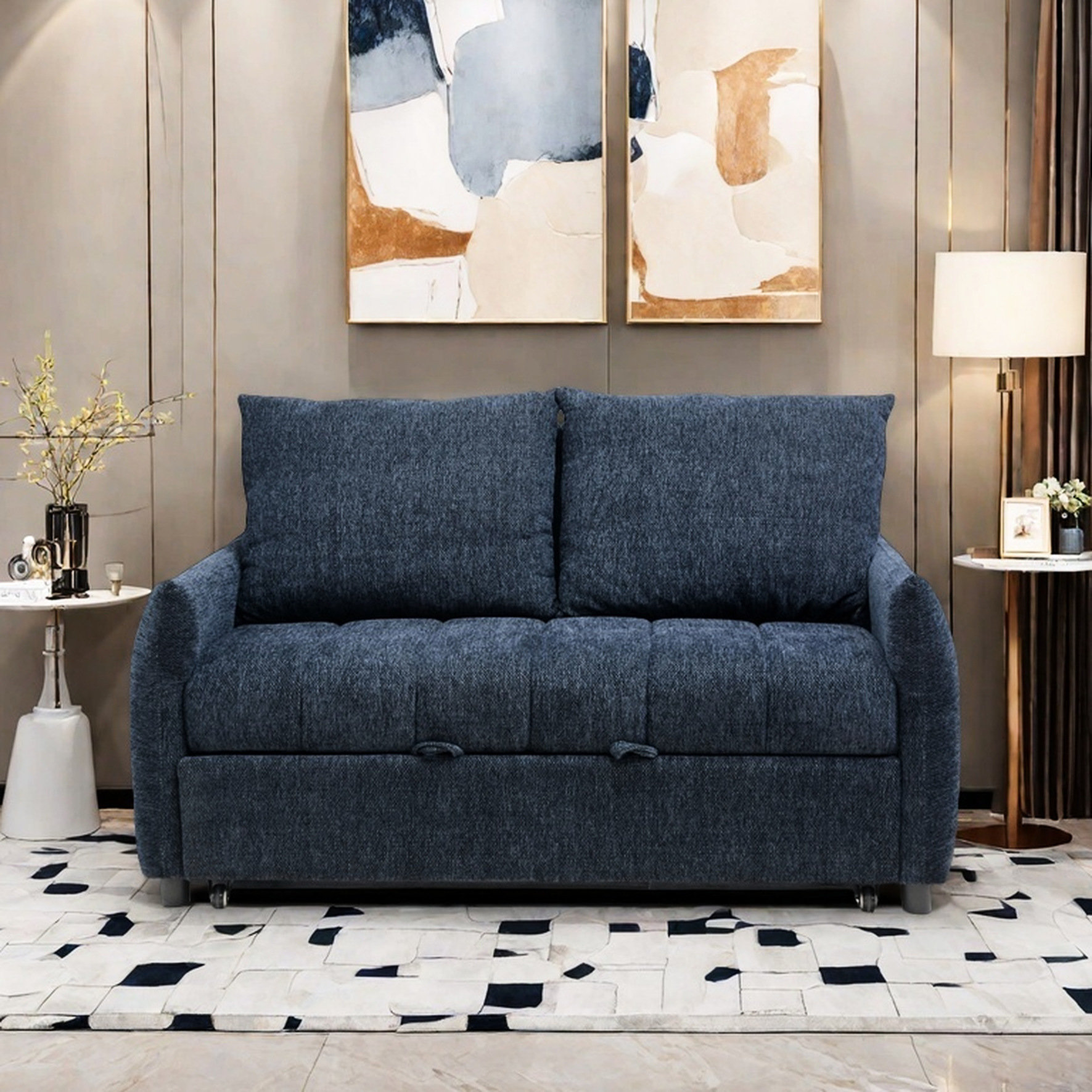 Latitude Run® Comfortable 2 Bed In Navy With Linen Upholstery & Storage ...