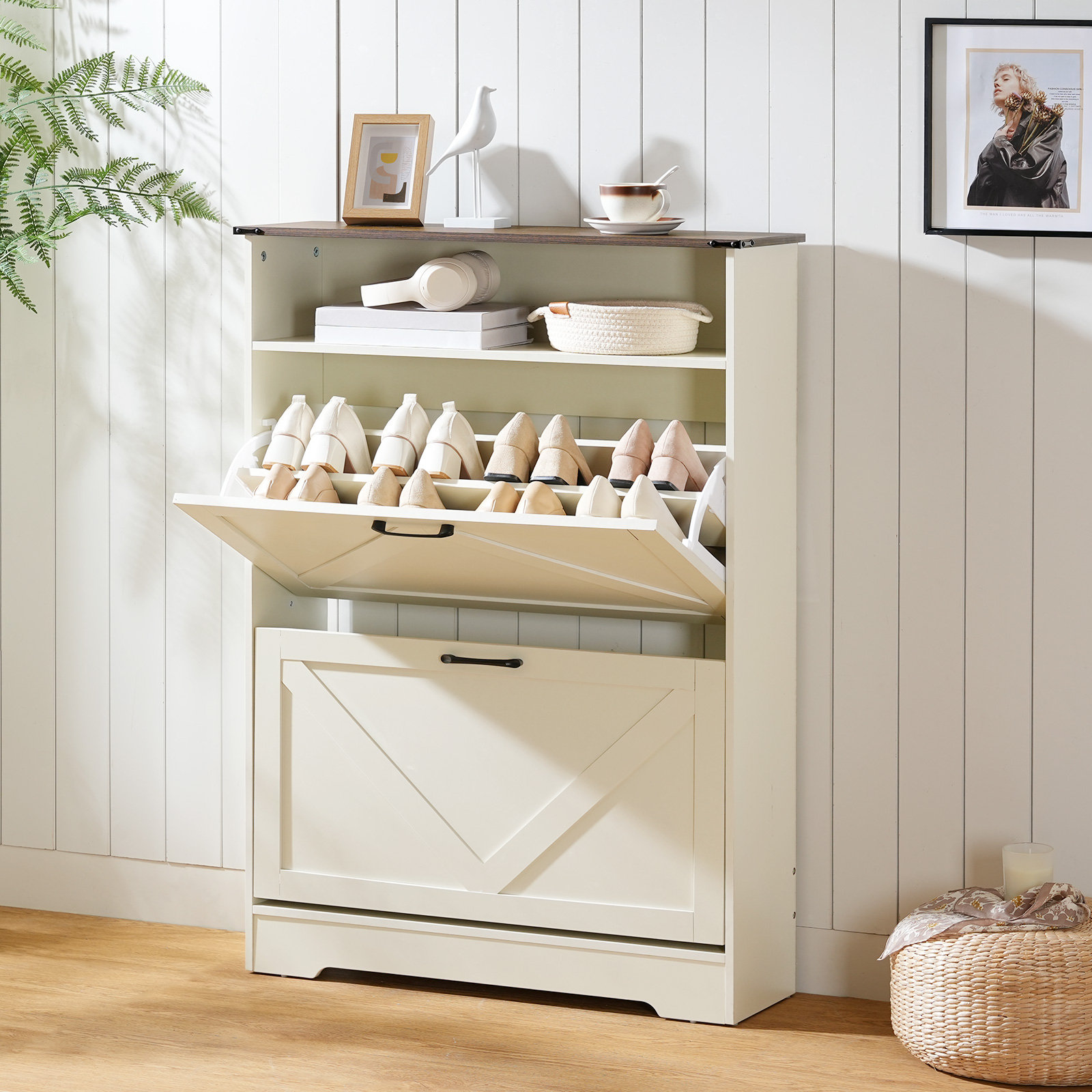 Ophelia & Co. Farmhouse Wooden Shoe Rack With Open Compartment And ...