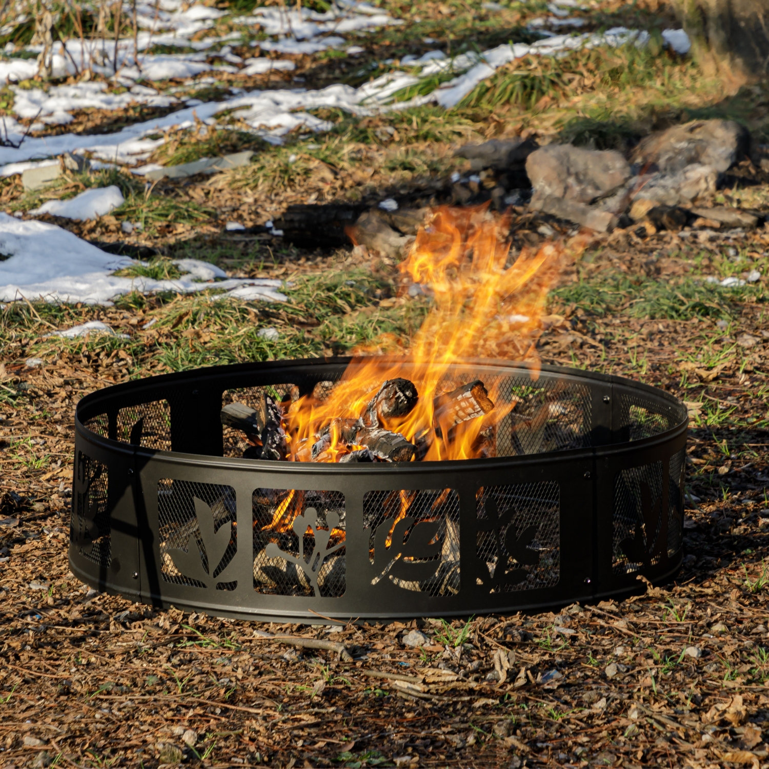 Gracie Oaks Isebella 36'' W x 9'' H Iron Outdoor Fire Ring, Wood ...