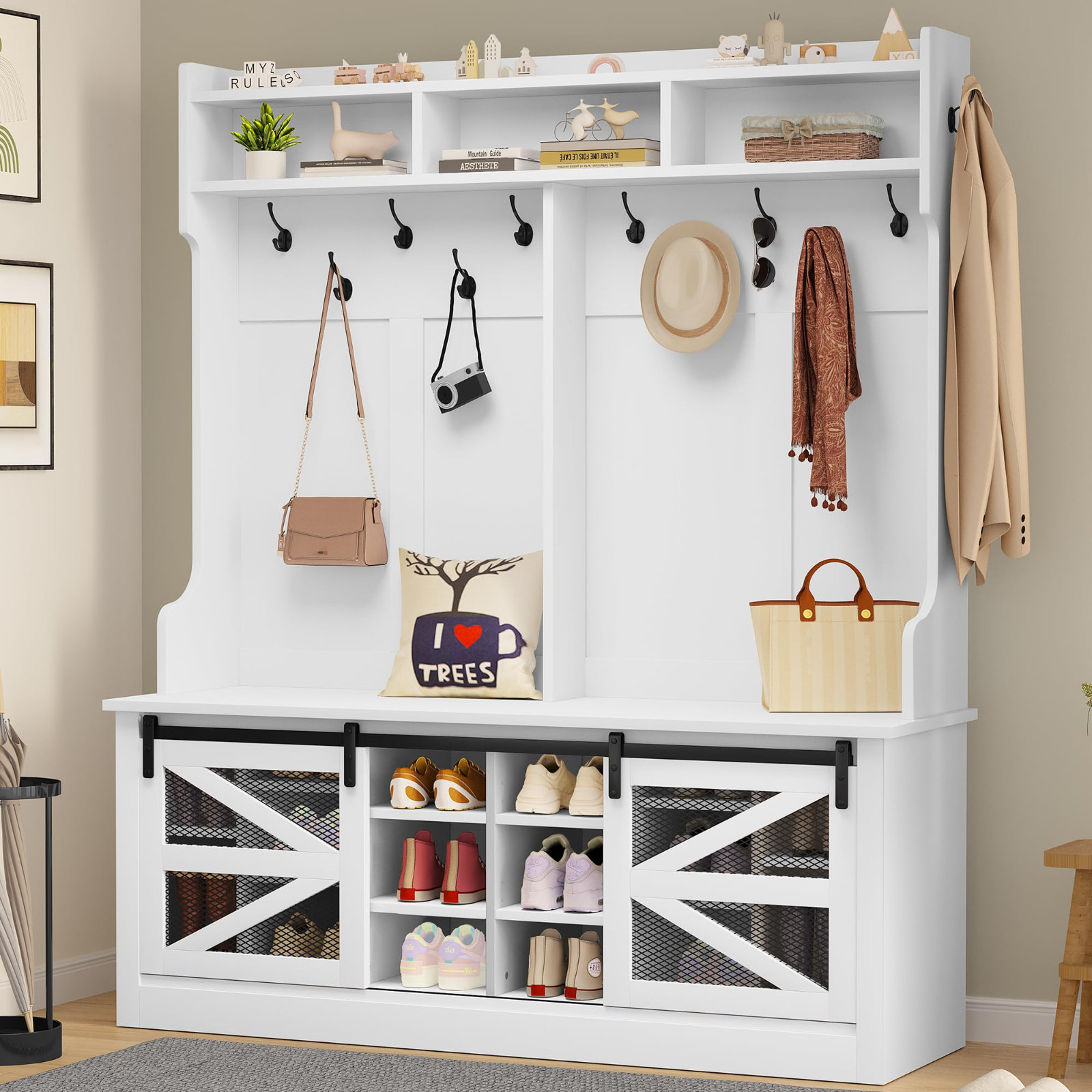 Gracie Oaks Hall Tree, With Shoe Cabinet And Bench, Farmhouse Entrance ...