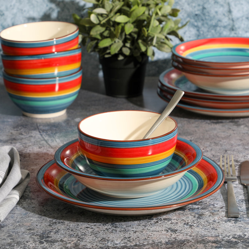 Gibson Home Rainbow 12 Piece Hand-Painted Stoneware Dinnerware Set ...