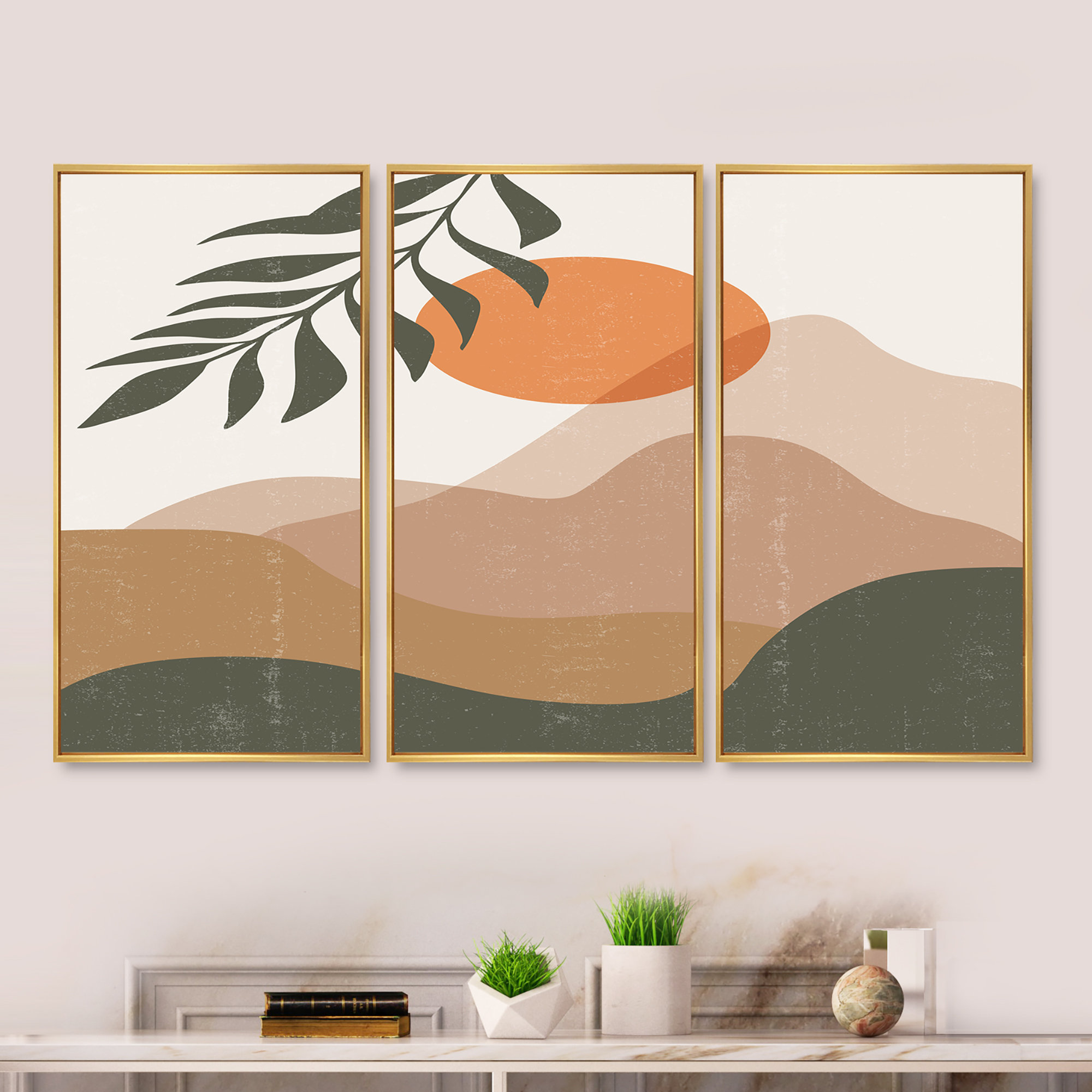 Design Art Abstract Red Moon In Earth Toned Mountains I - Modern Framed ...
