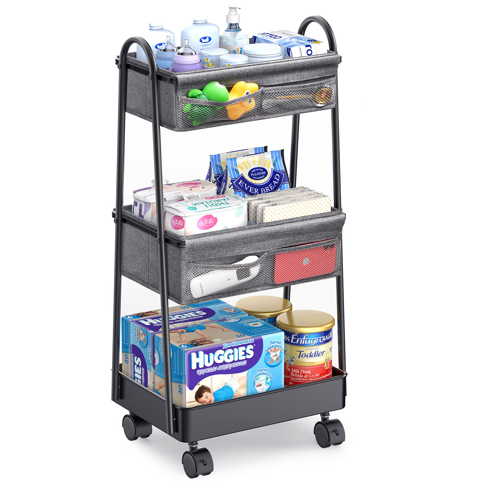 Modanais Baby Diaper Caddy Cart Organizer - 3 Tier Rolling Utility Cart ...