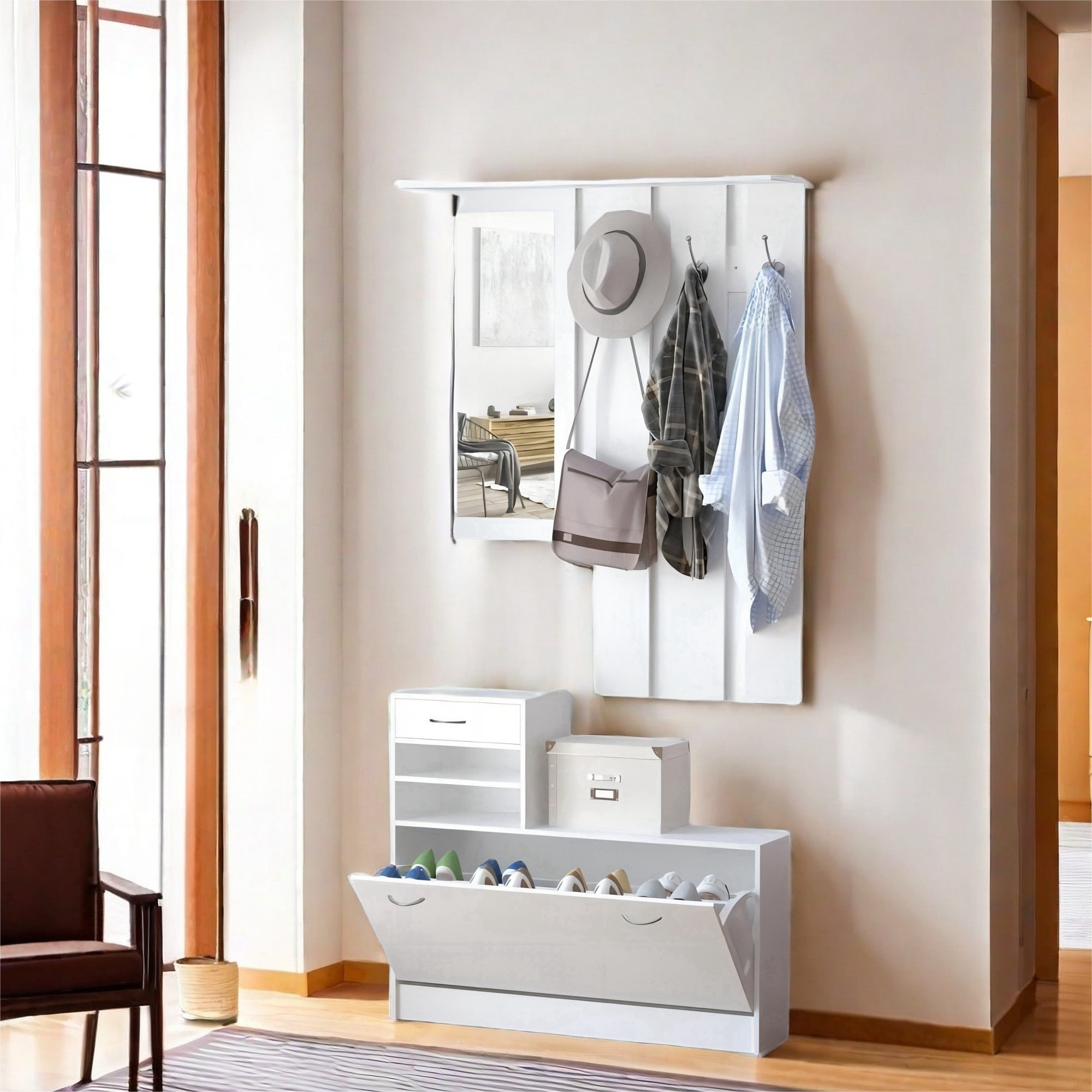 Ebern Designs Combination Hall Tree With Shoe Cabinet, Hang Shelf And ...