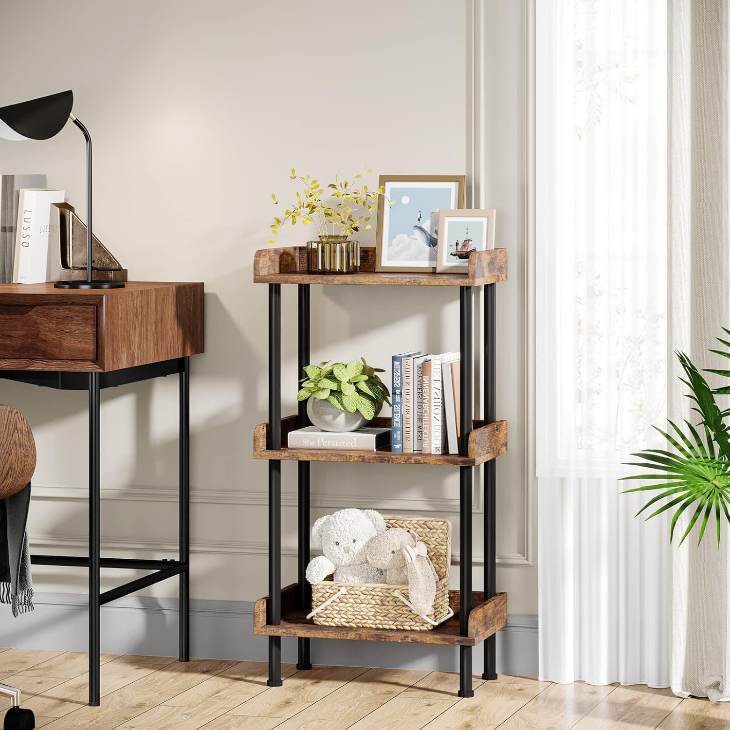17 Stories Bookshelf Small Book Shelf, 3 Tier Wood Bookcase Industrial ...