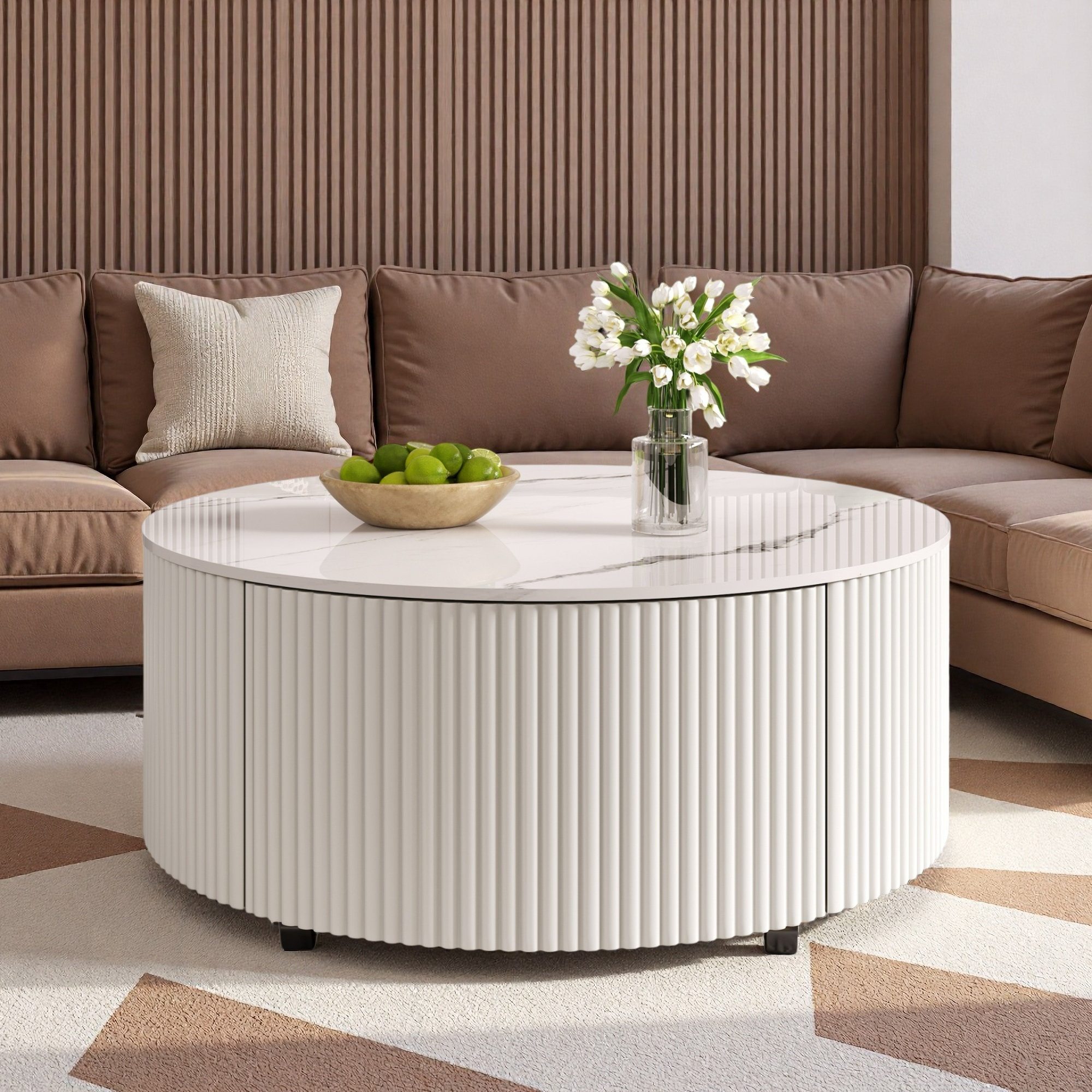 Ivy Bronx Modern Round Movable Coffee Table With Casters, 2 Drawers And ...