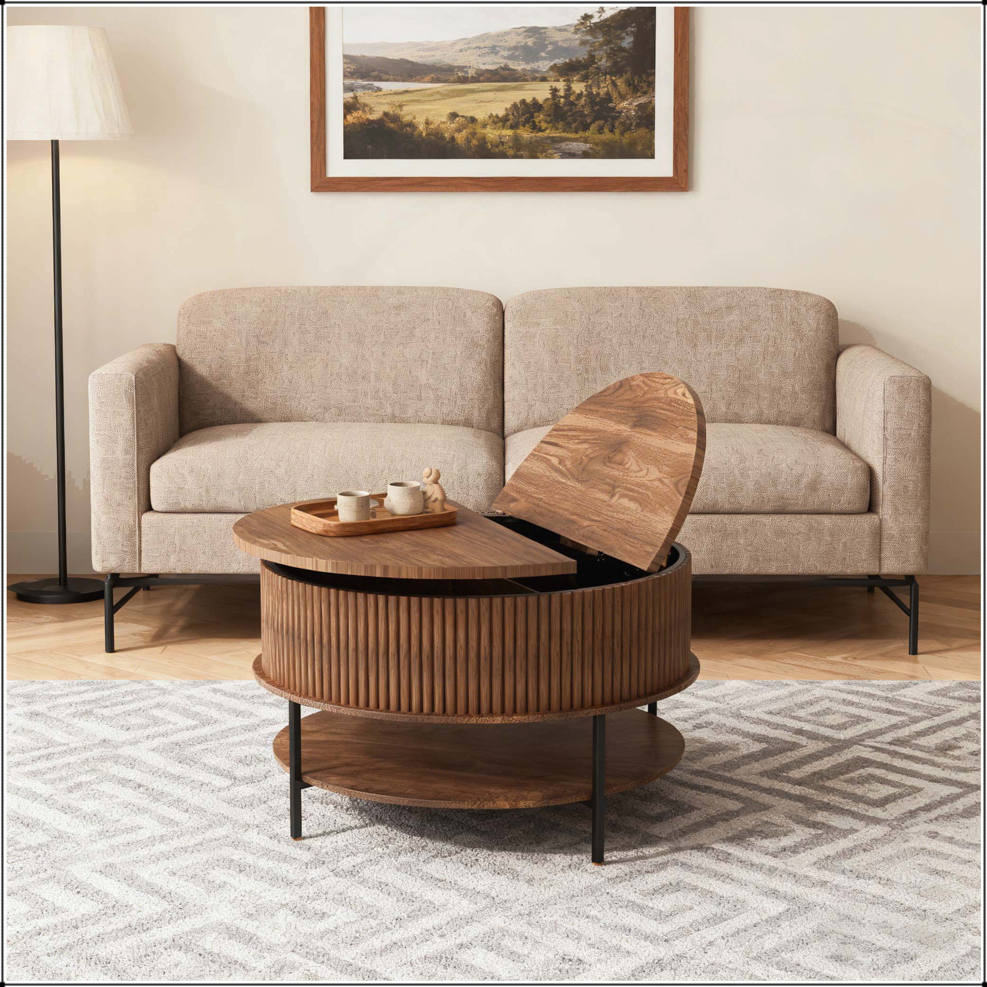 Latitude Run® 31.5 Inch Farmhouse Brown Lift Top Coffee Table, Round ...