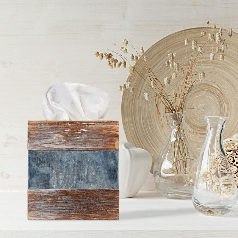 Gracie Oaks Rustic Metal And Distressed Wood Square Tissue Box Cover ...