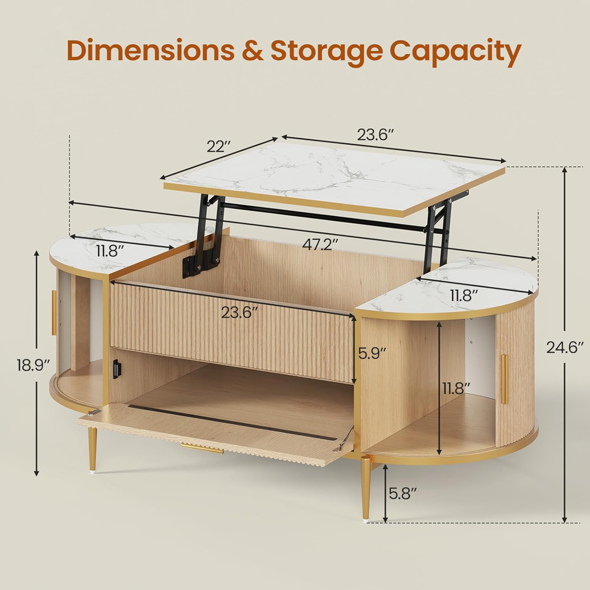Sedeta Modern Luxury Fluted Lift Top Coffee Table, Oval Coffee Table ...