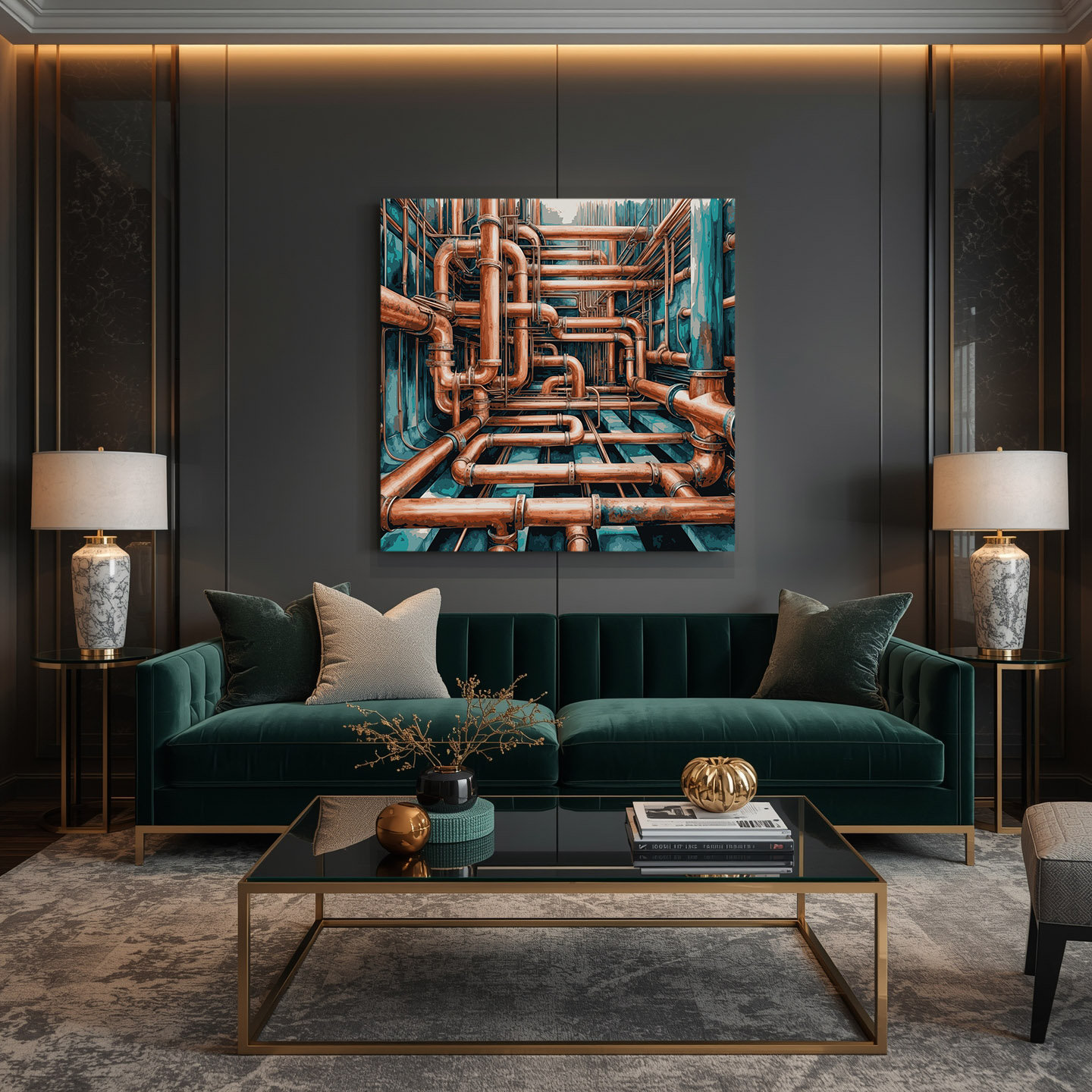 17 Stories SciFi Copper pipe maze network Brown Canvas Wall Art ...
