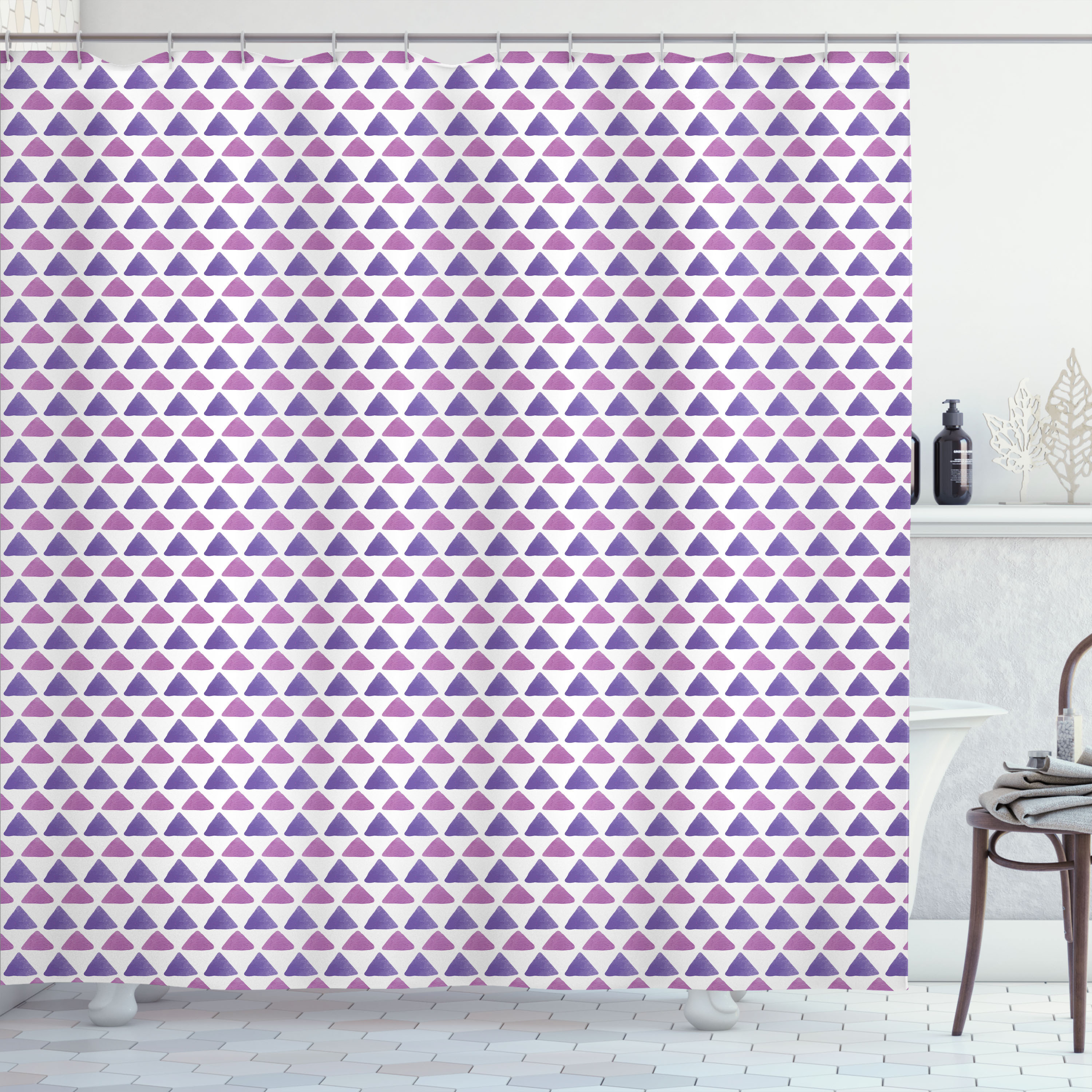 Ivy Bronx Geometric Shower Curtain Small Triangles Grid Lilac Lavender and White | Wayfair