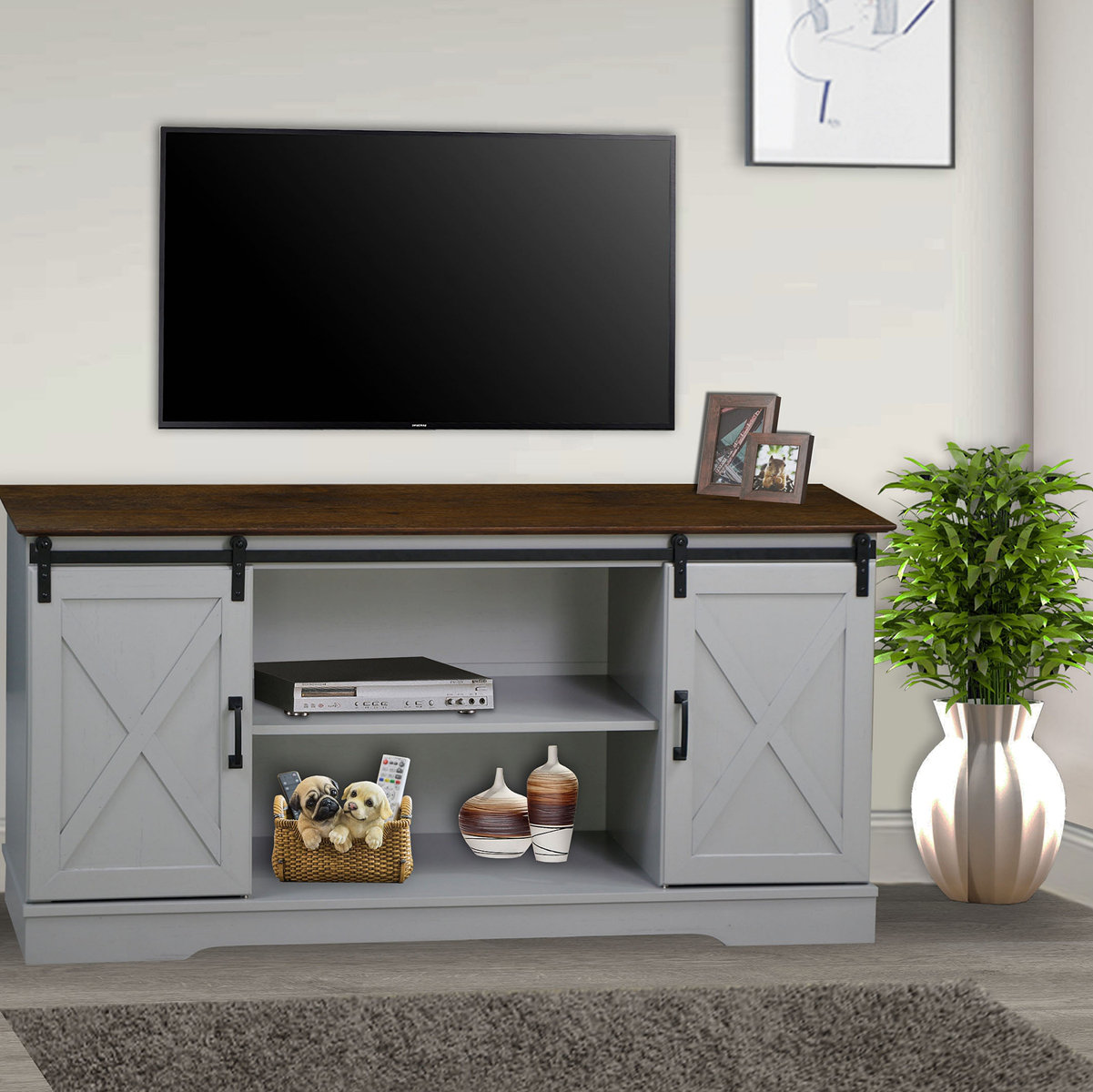 Gracie Oaks Dirinda TV STAND with 2 BarnDoor Media Console with Barn ...