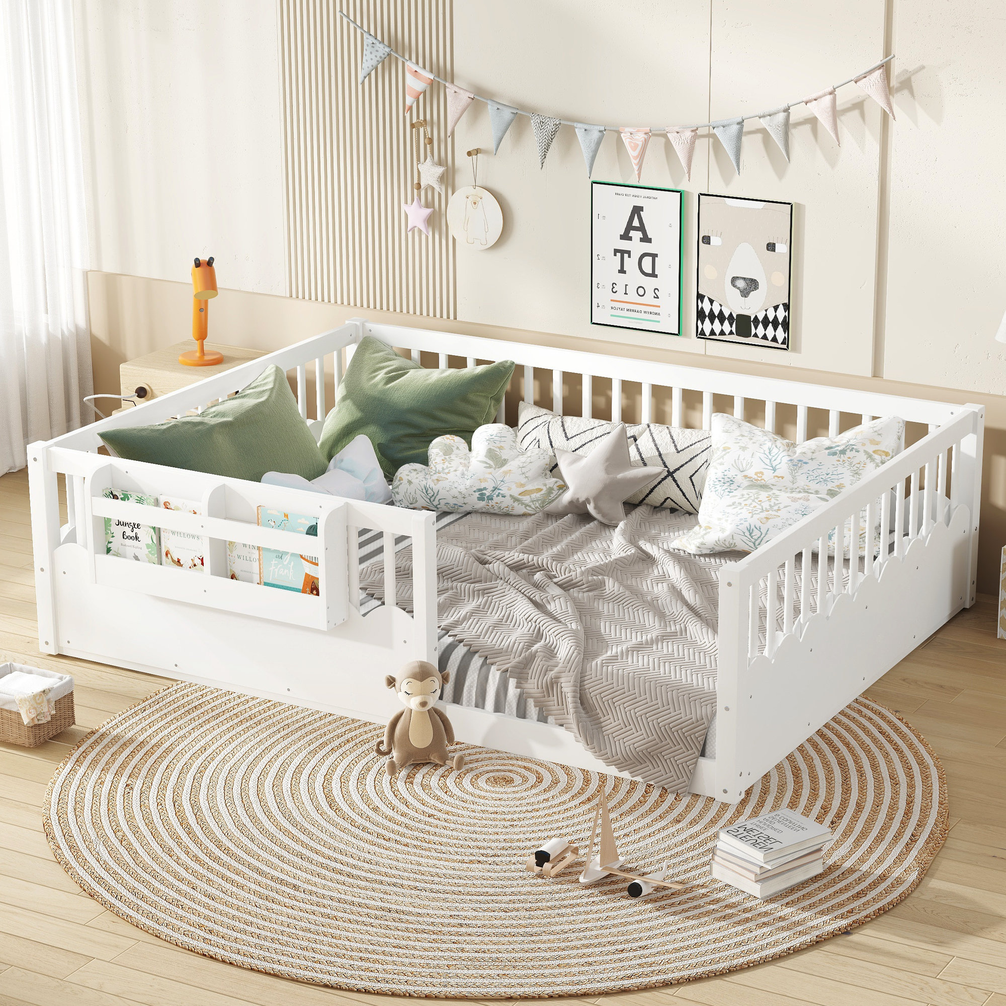 Ebern Designs Queen Floor bed with Heightened Fence and bookshelf ,Wood ...