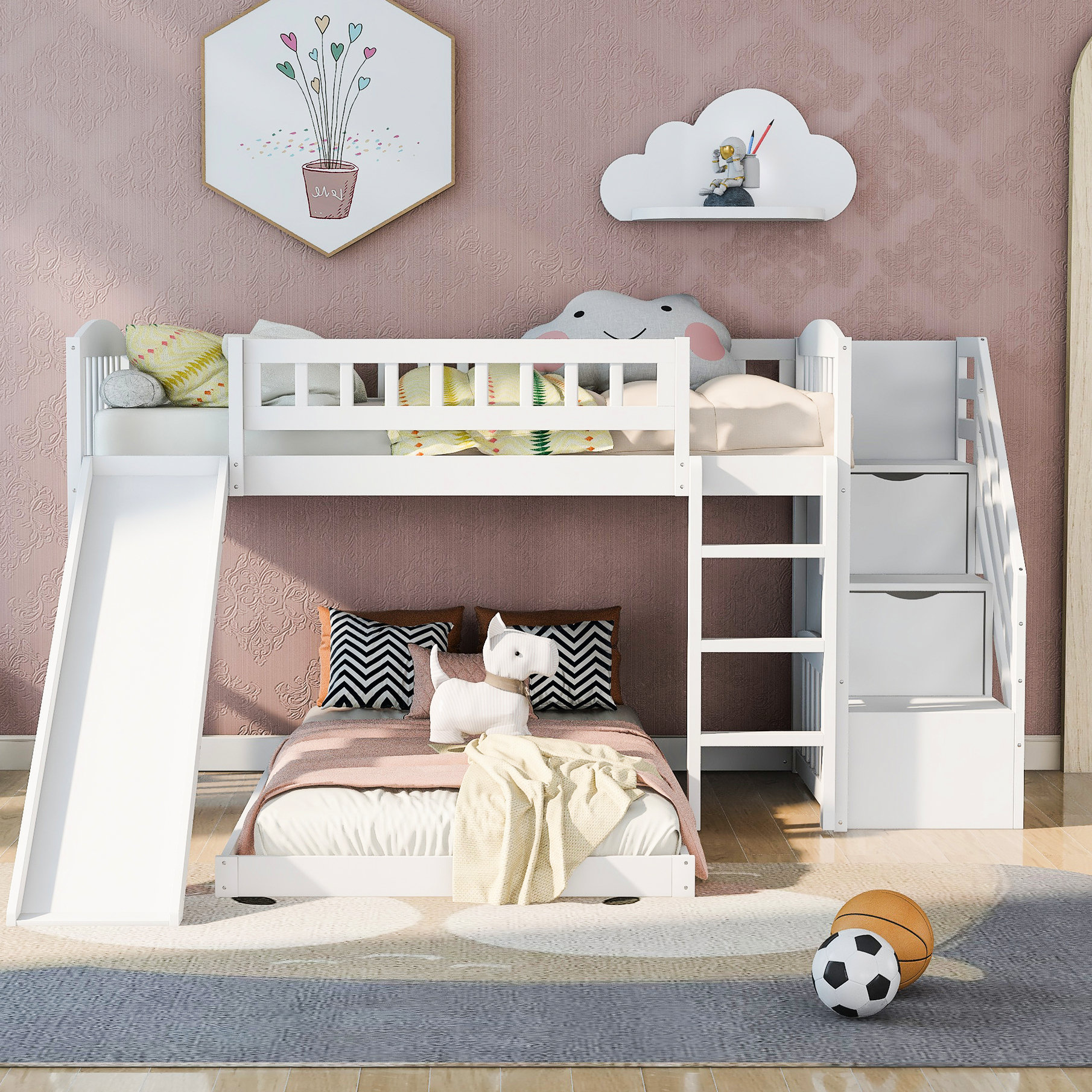 Latitude Run® Stairway Twin Over Bunk Bed In White With Practical ...
