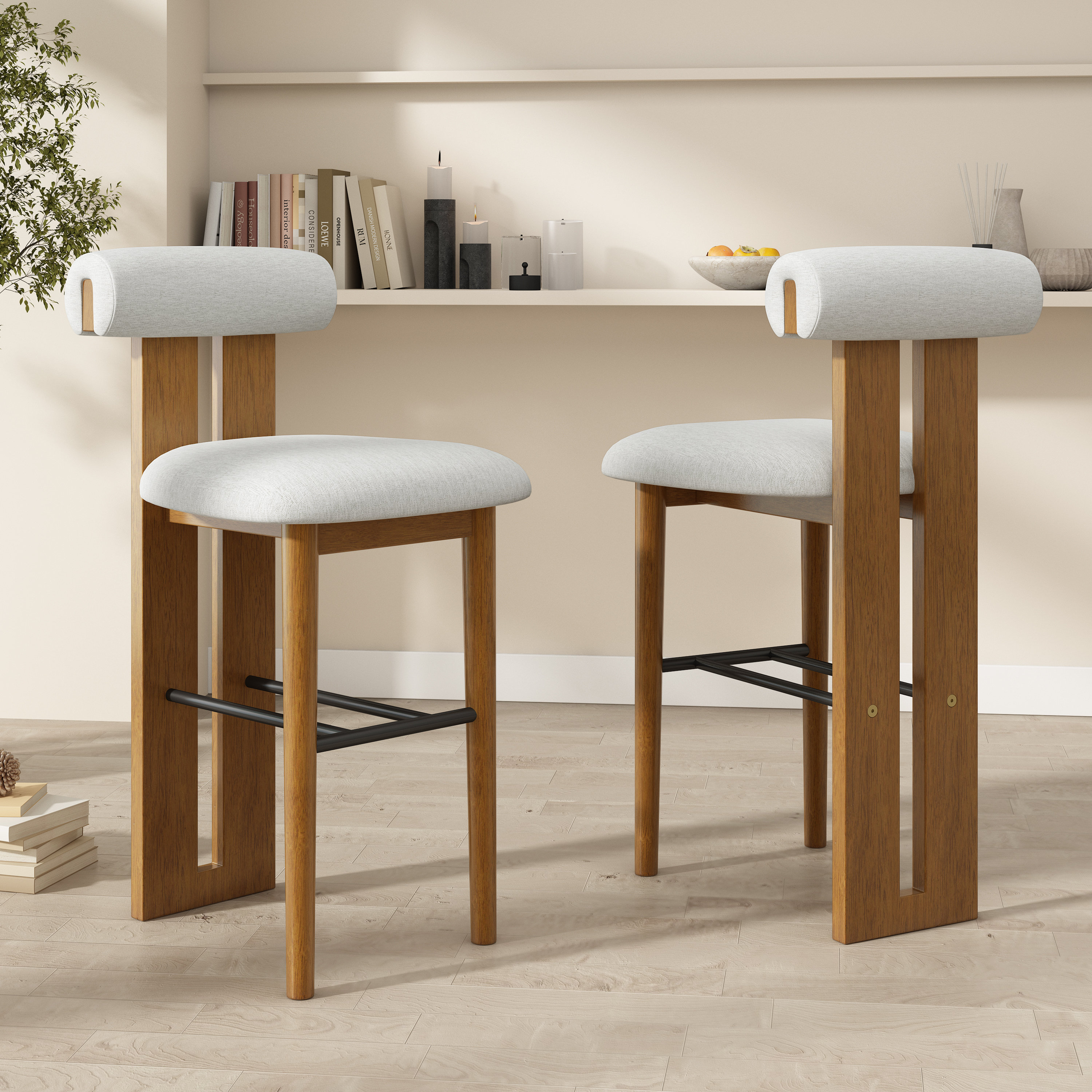 George Oliver Renee Indoor Wooden Barstools with Cloud-Top Backrest ...