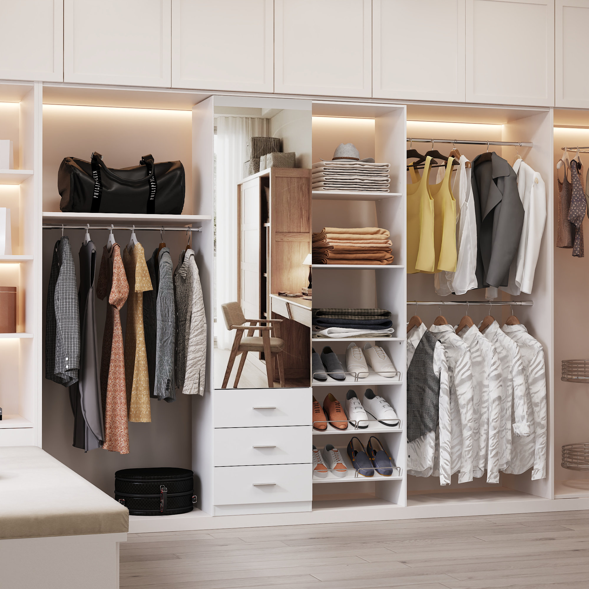 Ivy Bronx Modern Closet System With Mirror Door & Adjustable Hanging ...