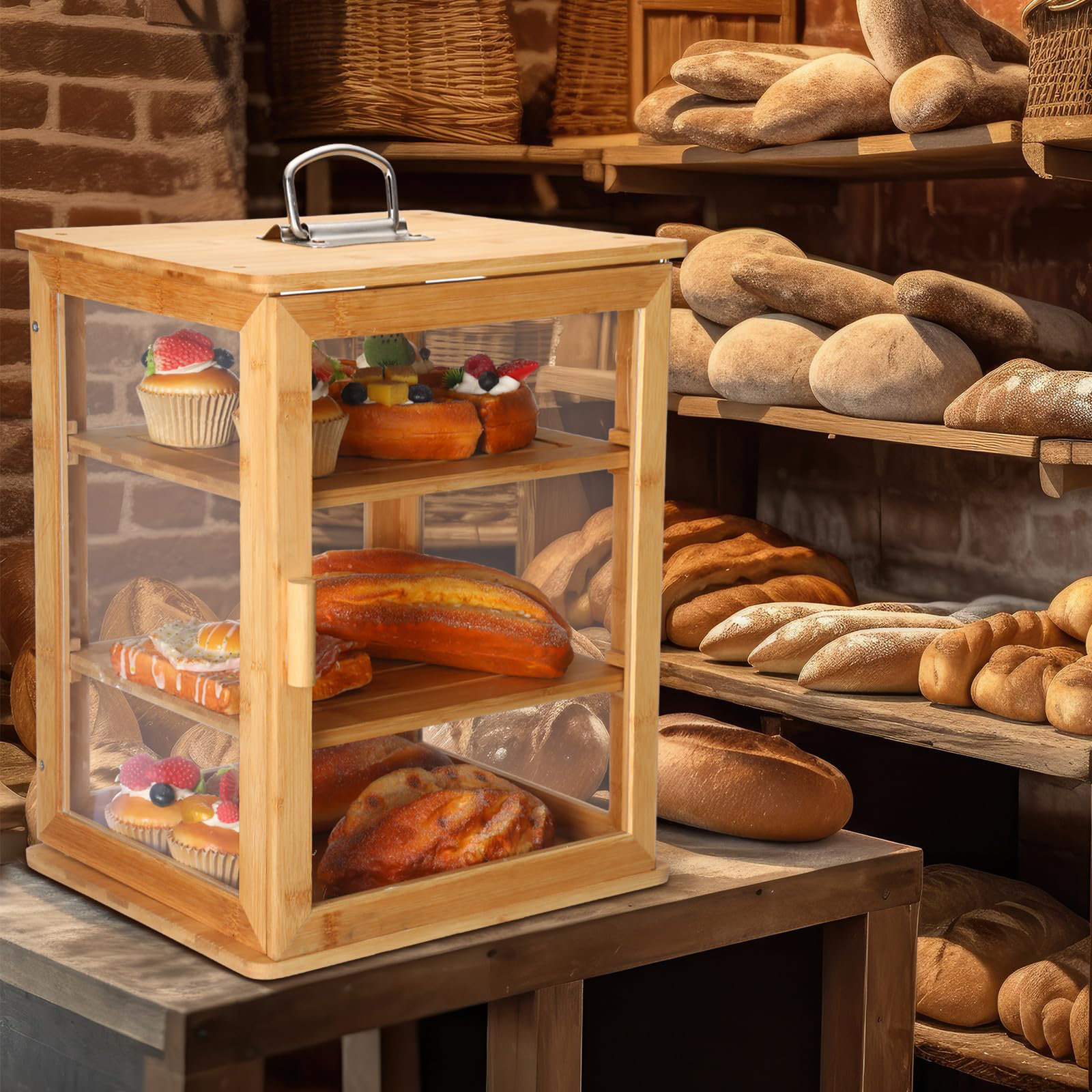 Prep & Savour 3-Tier Large Wooden Bread Box Large Bamboo Storage ...