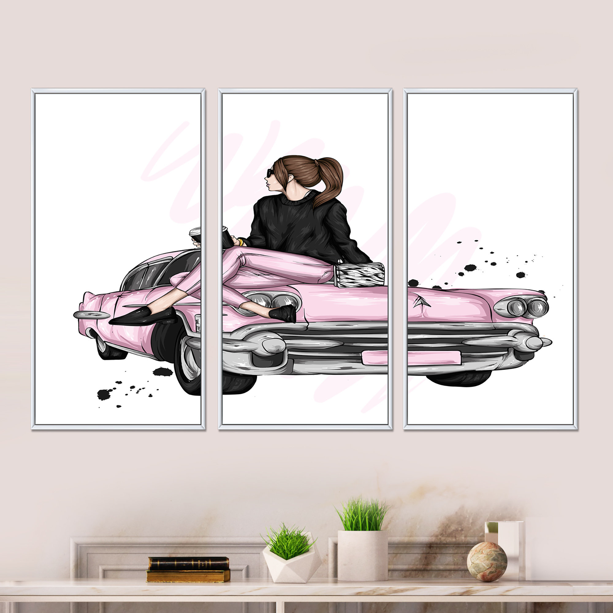 Trinx Young Woman on a Retro Car III - 3 Piece Floater Frame Print on ...