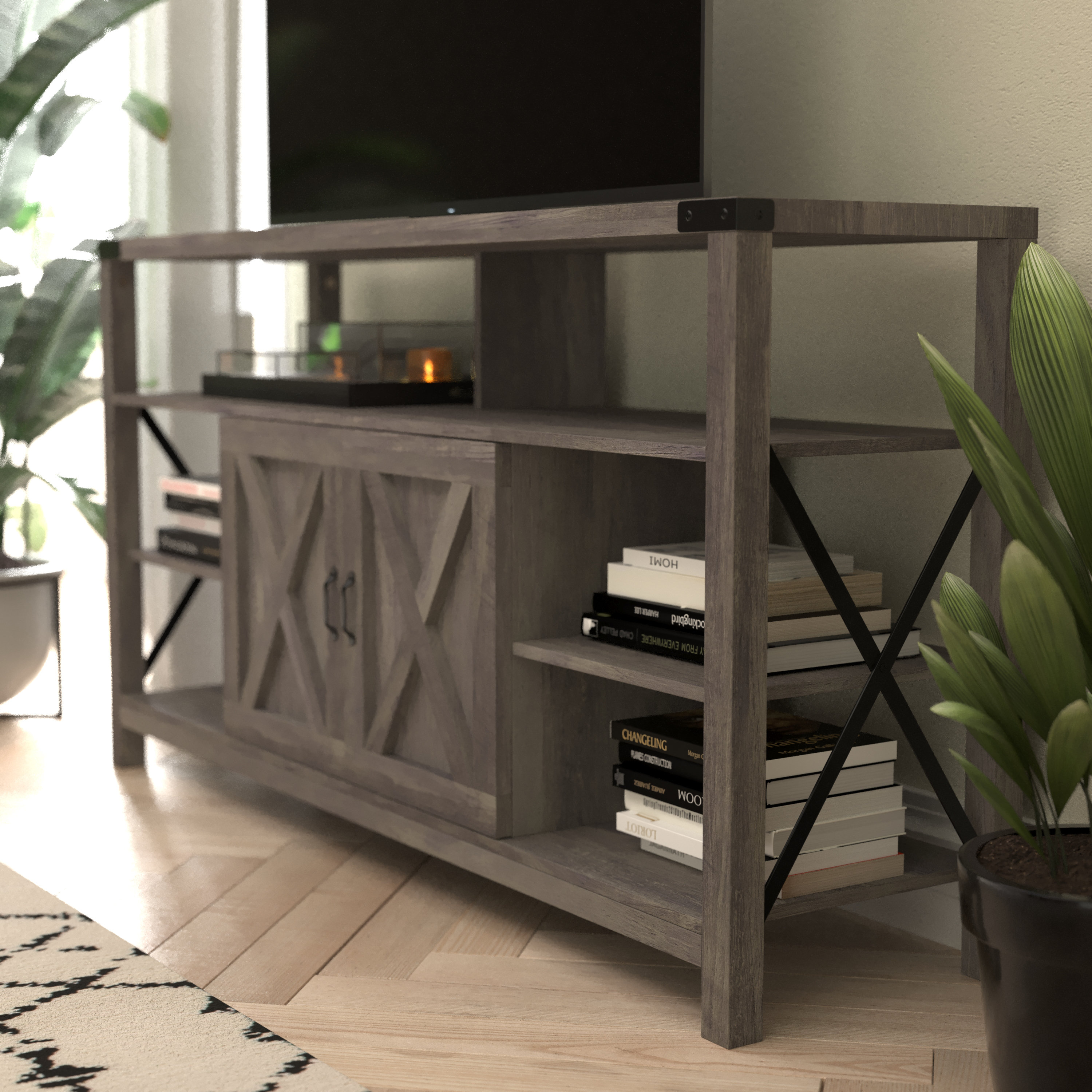 Gracie Oaks 60" Modern Farmhouse Tall TV Console Cabinet with Storage ...
