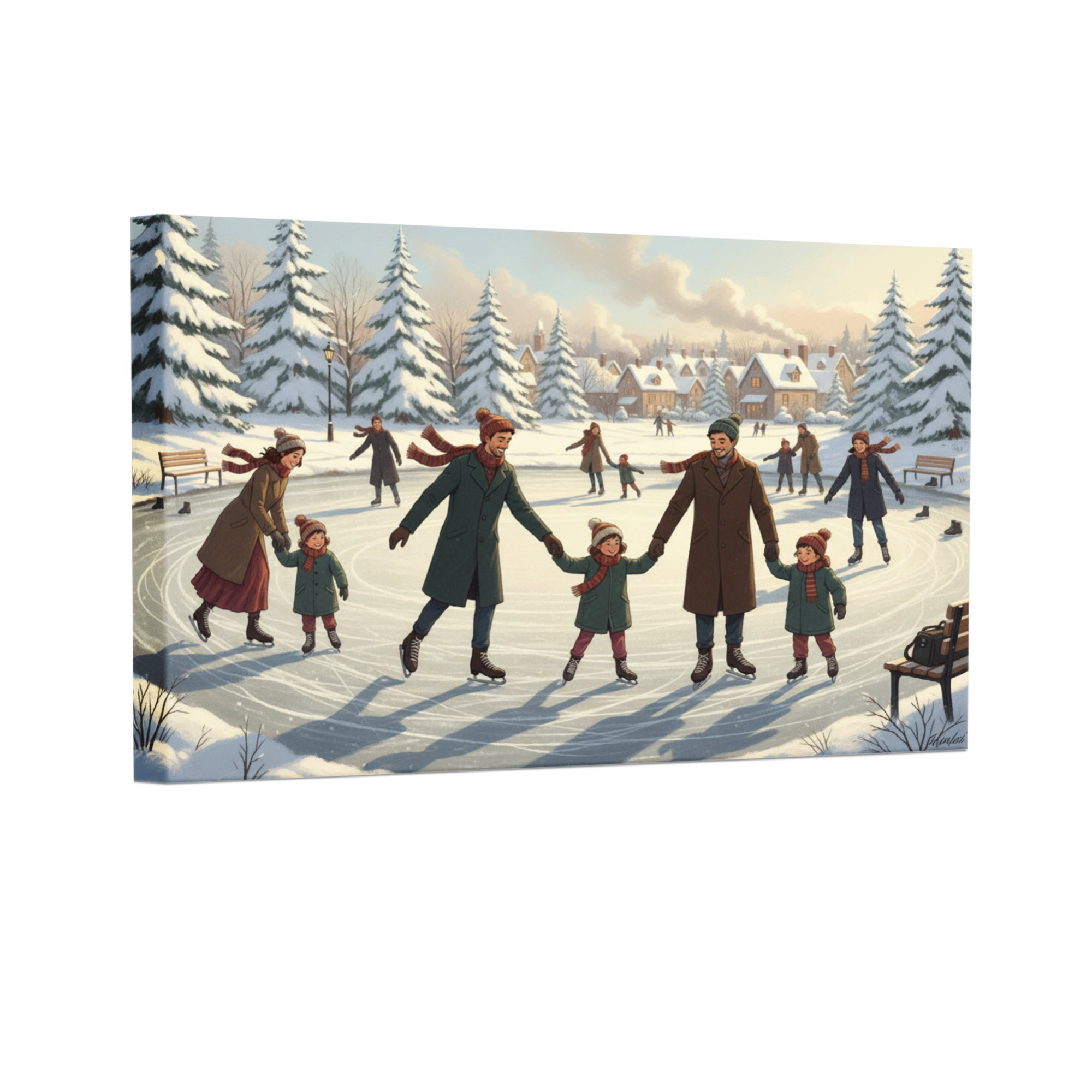 Charlton Home® Christmas Winter Family Ice Skating Scene Set of 3 ...