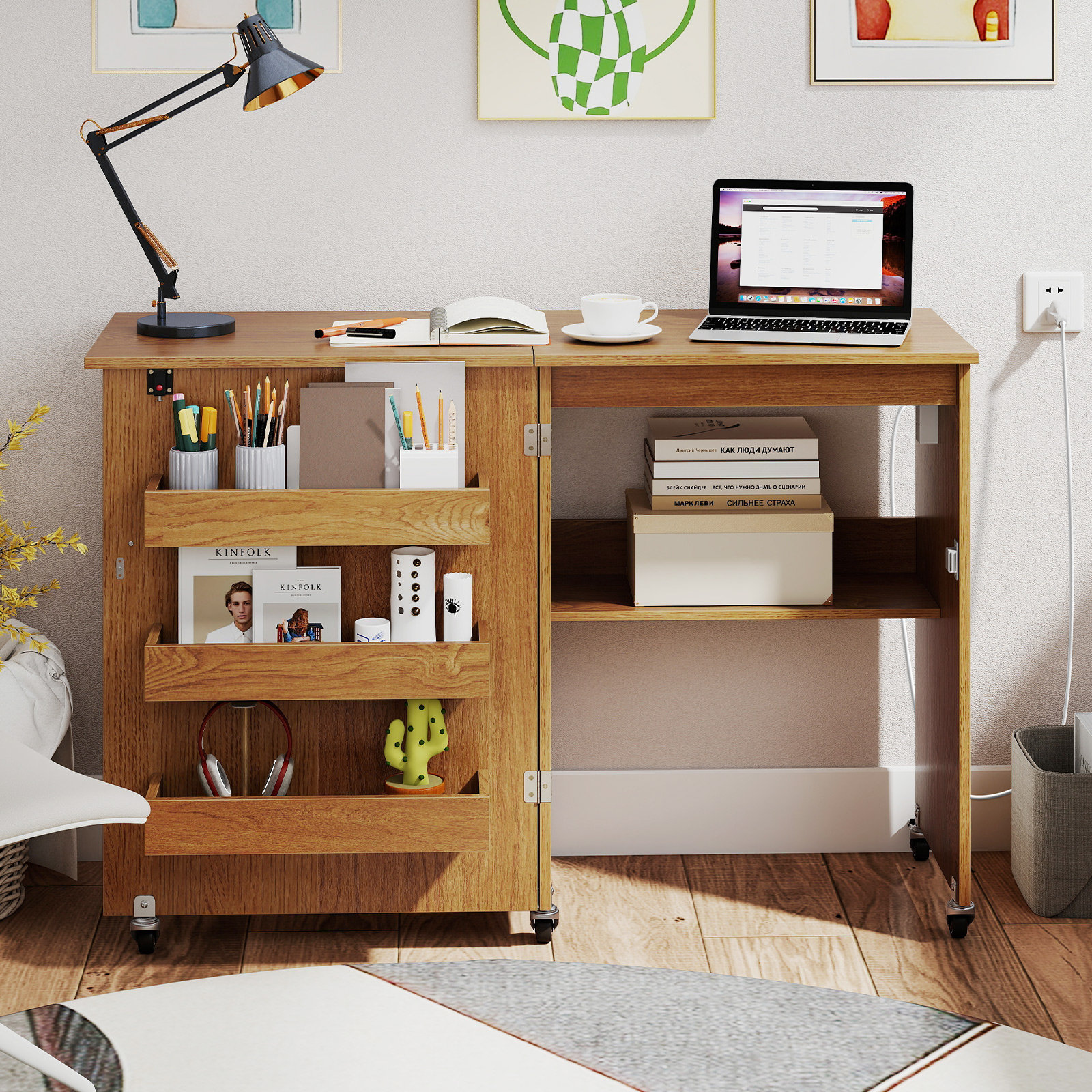 Costway Folding Sewing Table Rolling Craft Station with 3 Storage Bins ...