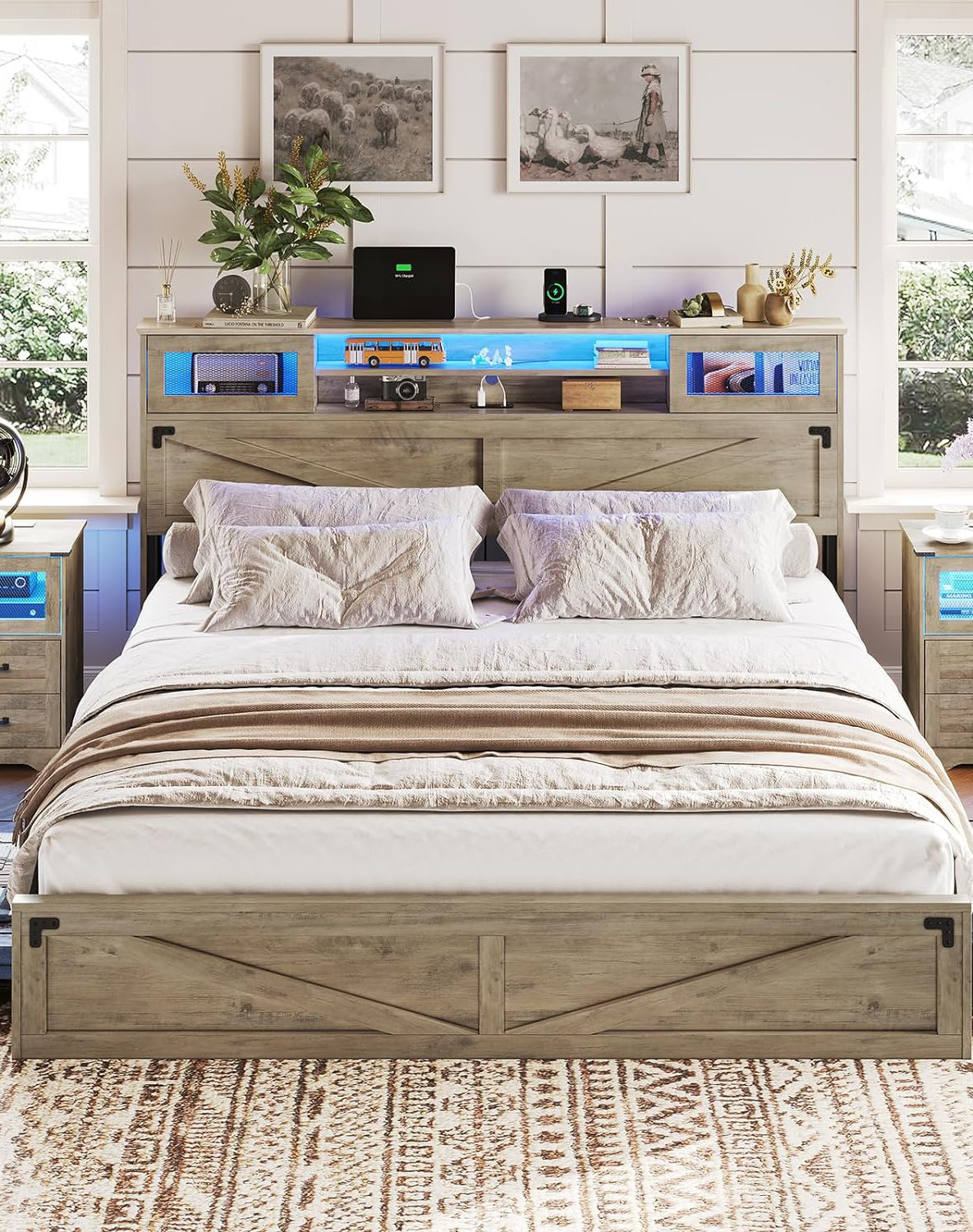Ivy Bronx Farmhouse Bed Frame King Size With Bookcase Headboard And 2 Drawers, Wooden Platform ...