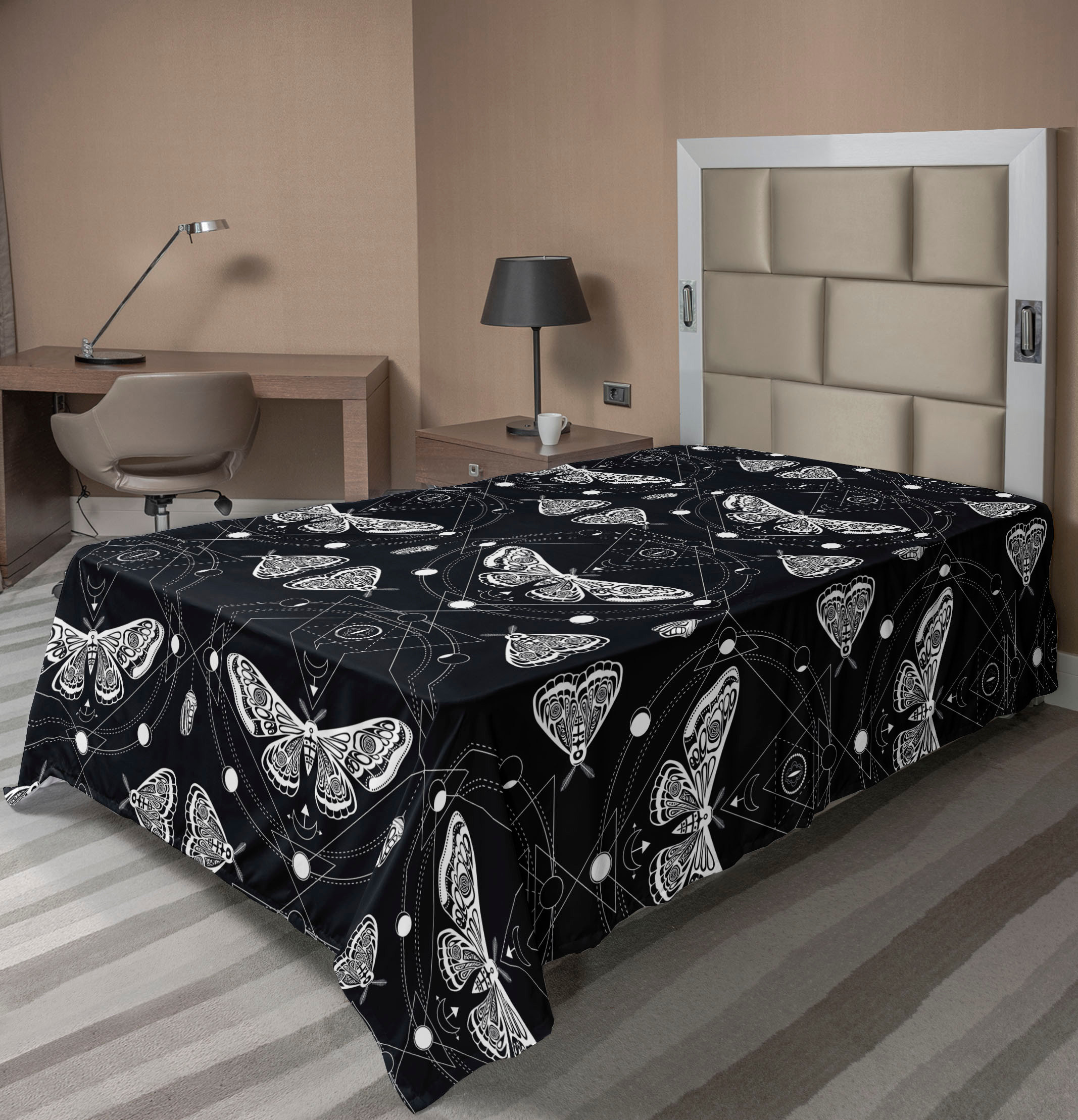 Ambesonne Lunar Moth Flat Sheet Medieval Astrology Print White Charcoal ...