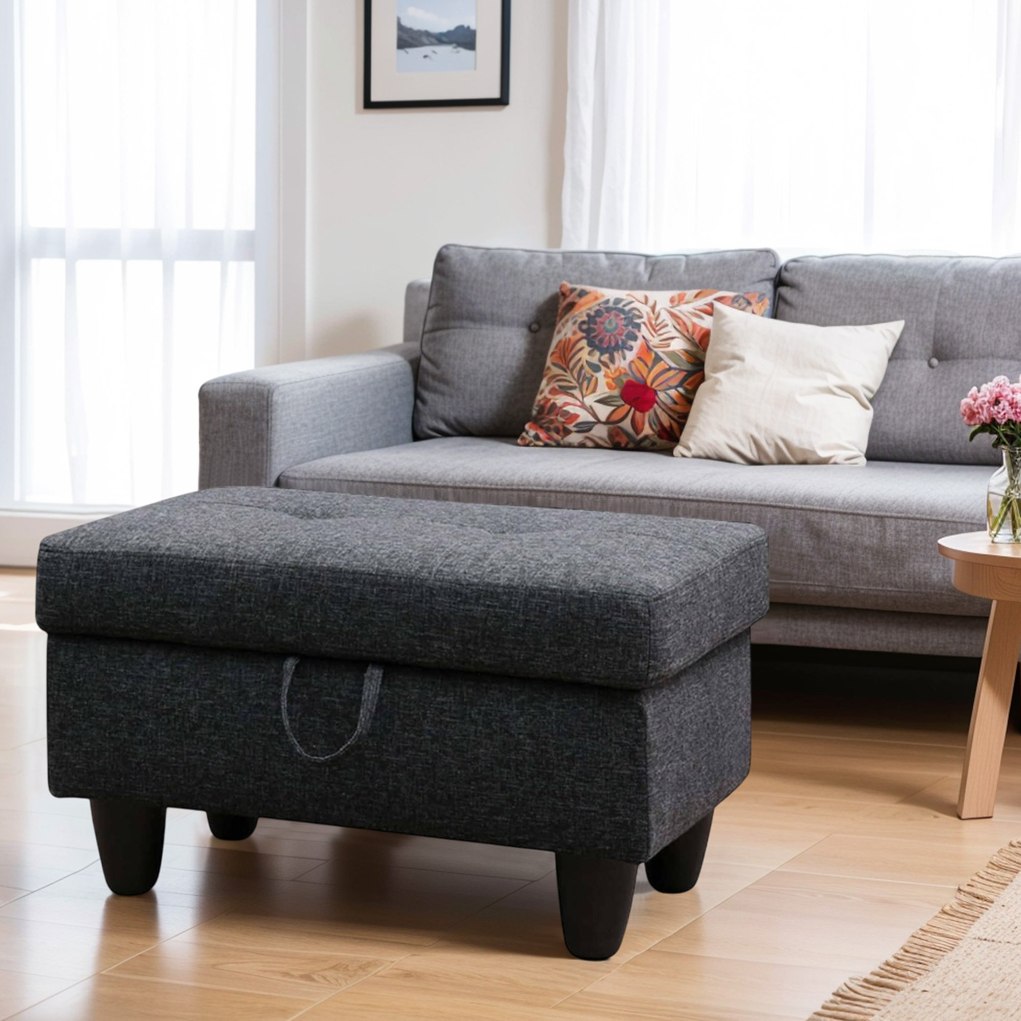 Ebern Designs Linen Upholstered Ottoman with Storage - High-Density ...
