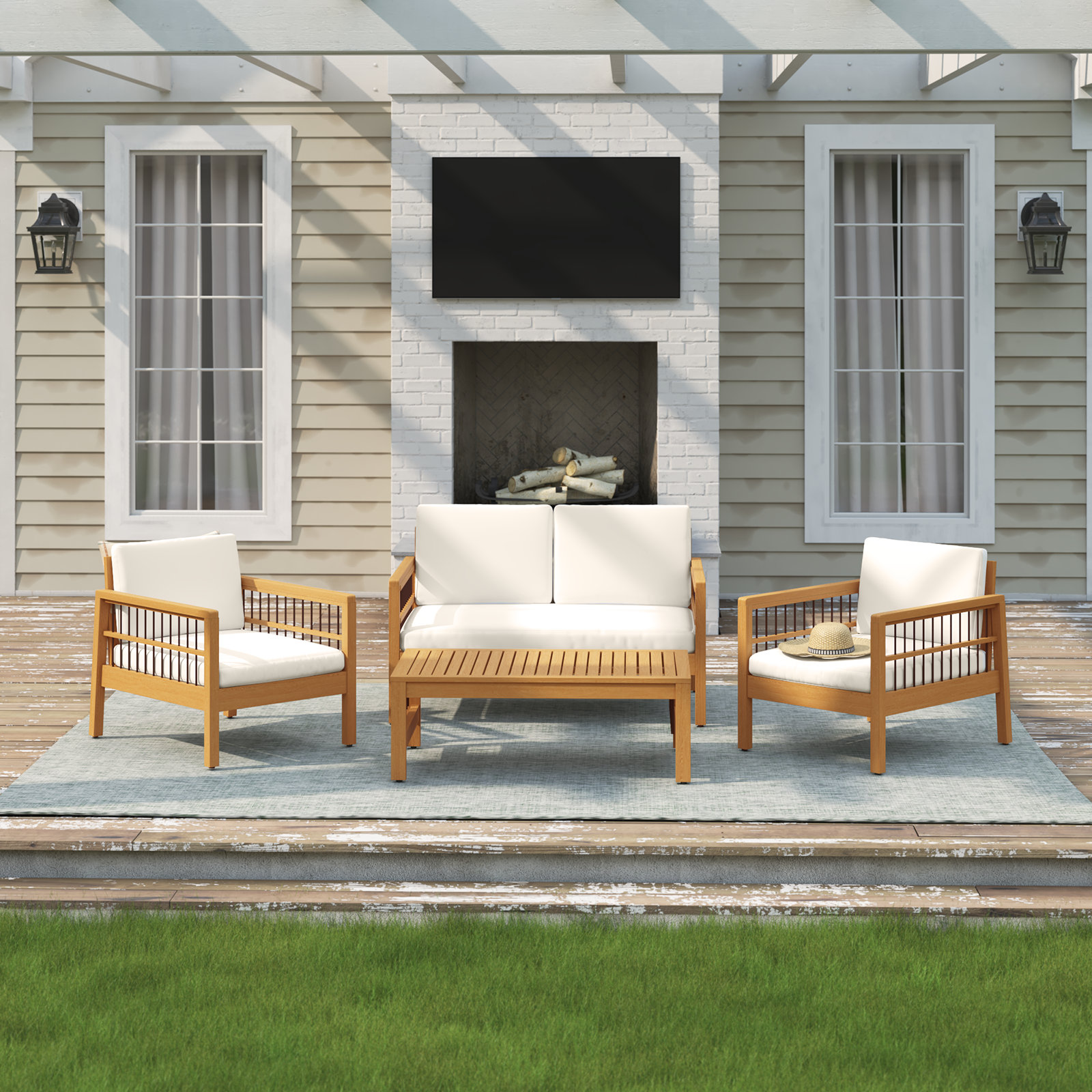 Three Posts Malott Solid Wood 4 - Person Seating Group with Cushions ...