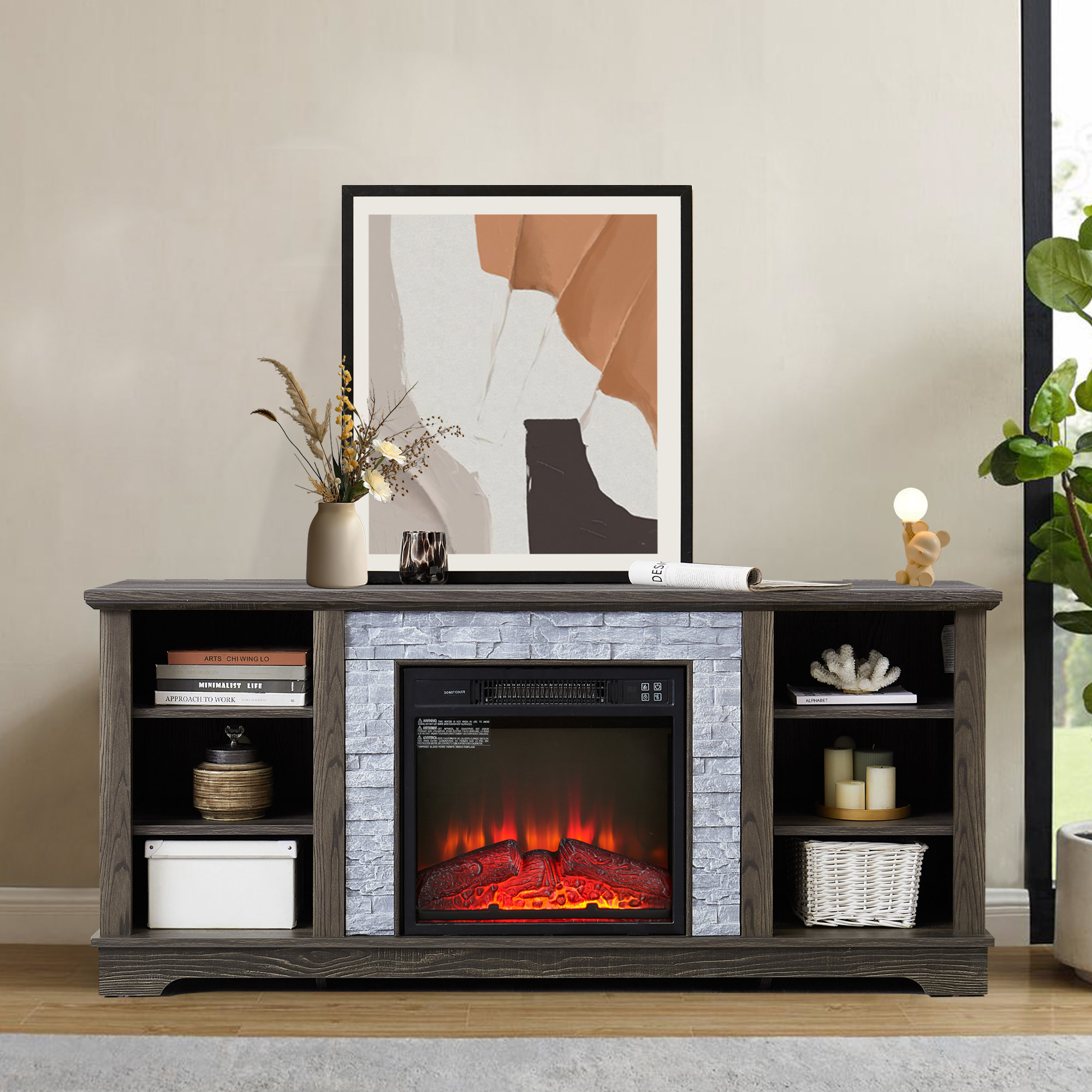 Lark Manor™ 58" Farmhouse TV Stand With Faux Stacked Stone Surround And ...