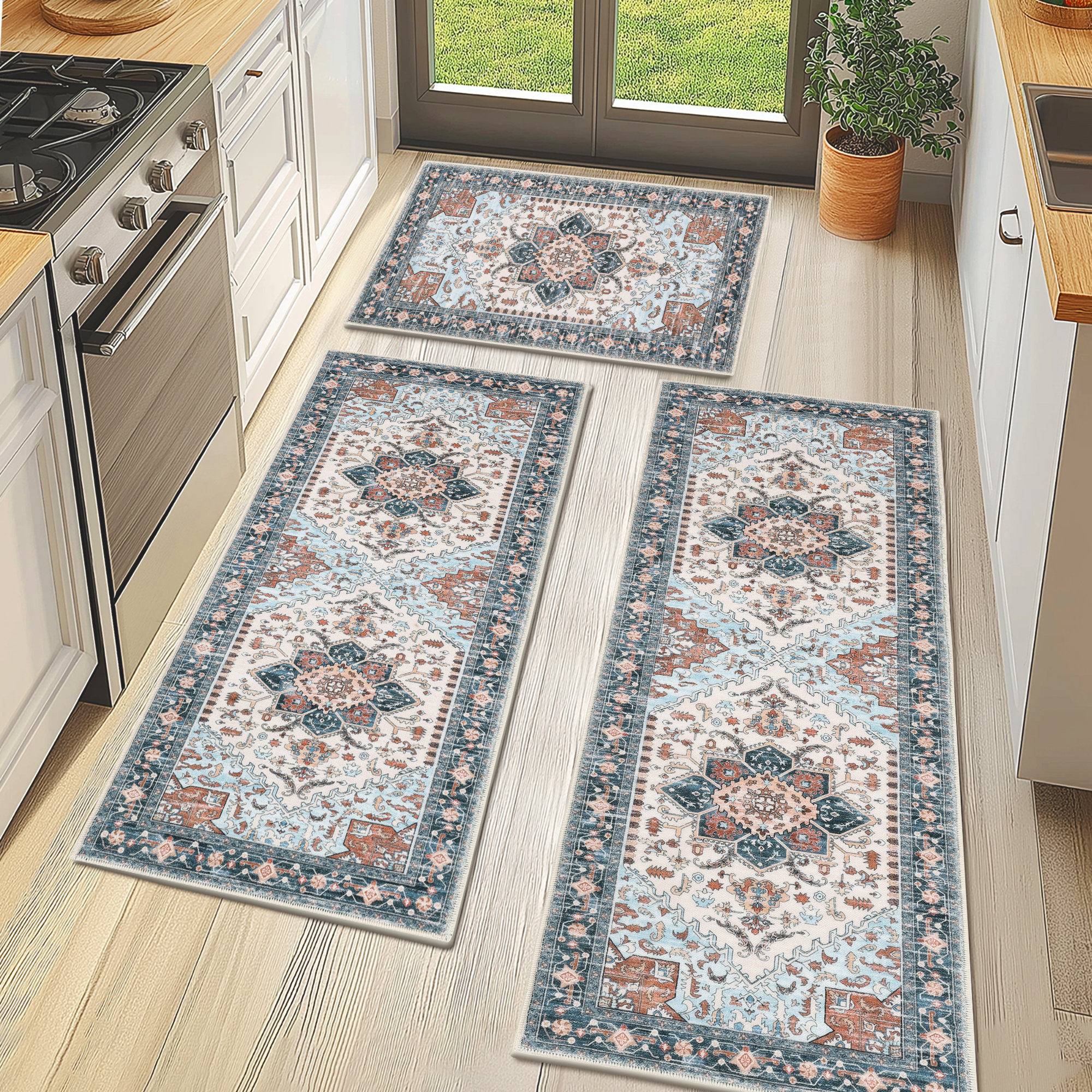 Bungalow Rose Faux Nylon Pile Non-Slip Washable Kitchen Mats (Set of 3 ...