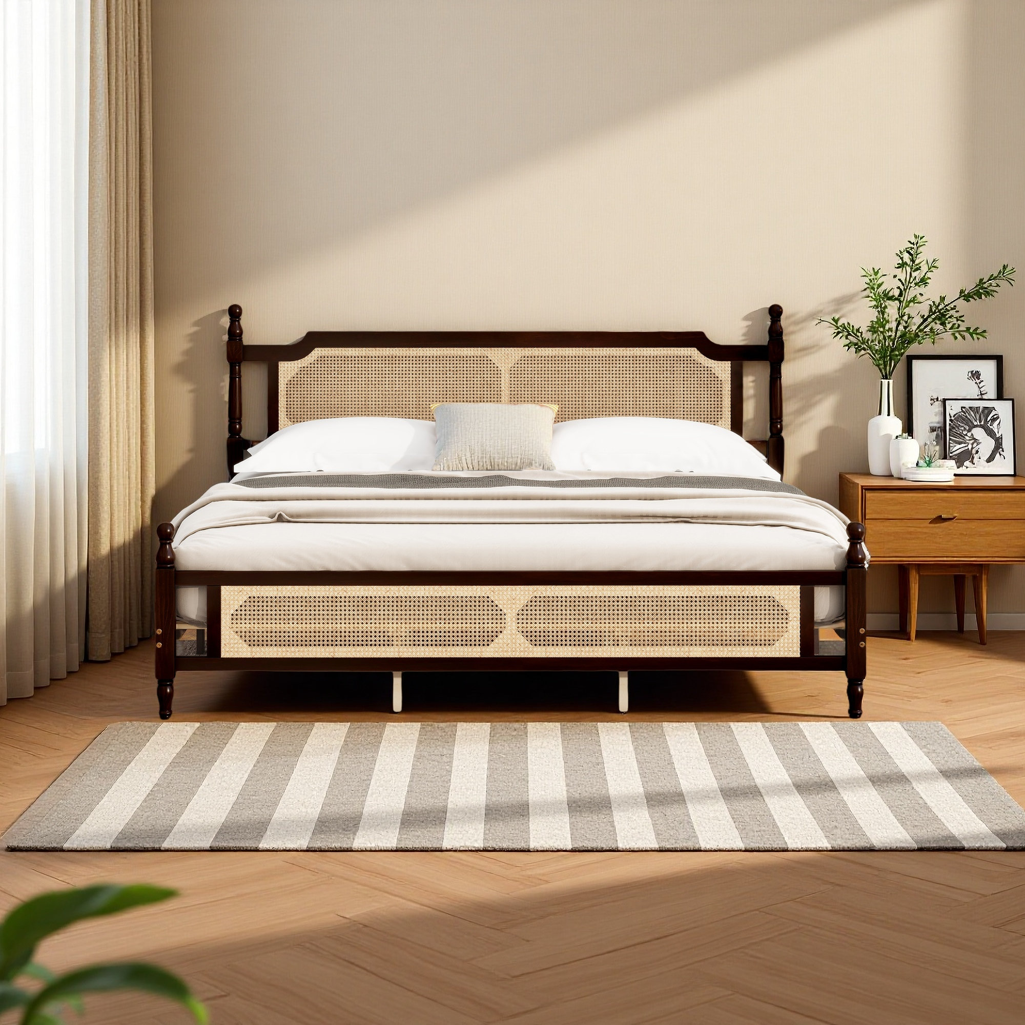 Bay Isle Home™ King Pine Wooden Bed With Rattan Headboard And Footboard, With Central Enhanced ...
