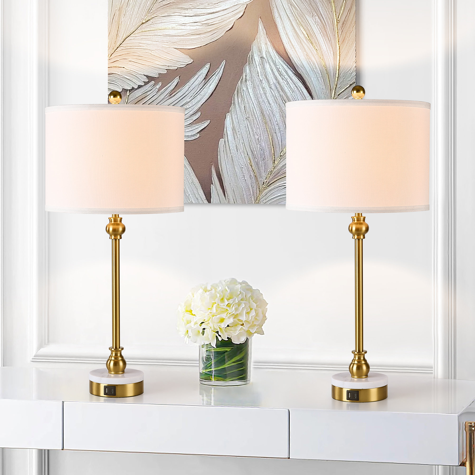 Alcott Hill® Tall 28.3" Marble And Metal Table Lamp with Built-in USB ...