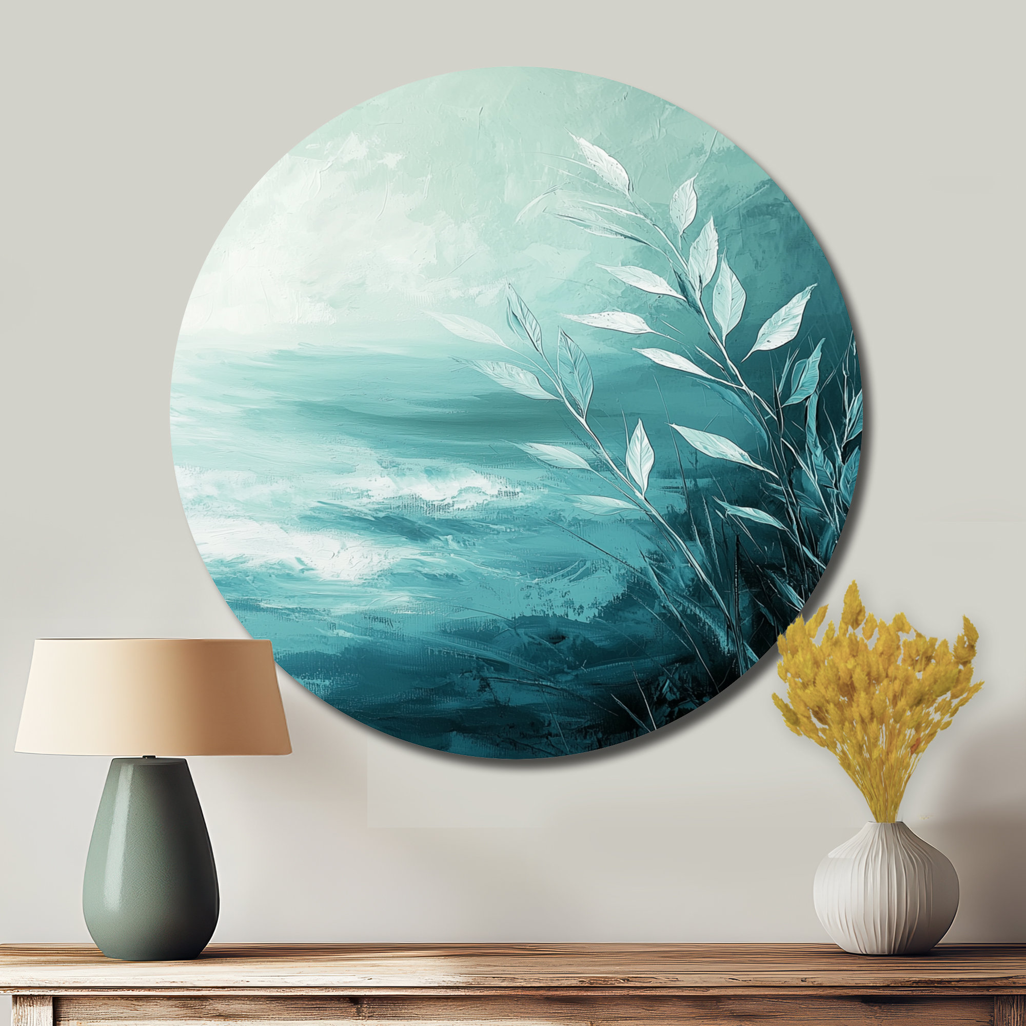 Highland Dunes Sea Breeze Leaves Foliage - Ferns Round Metal Wall Art, Modern White Metal Art ...