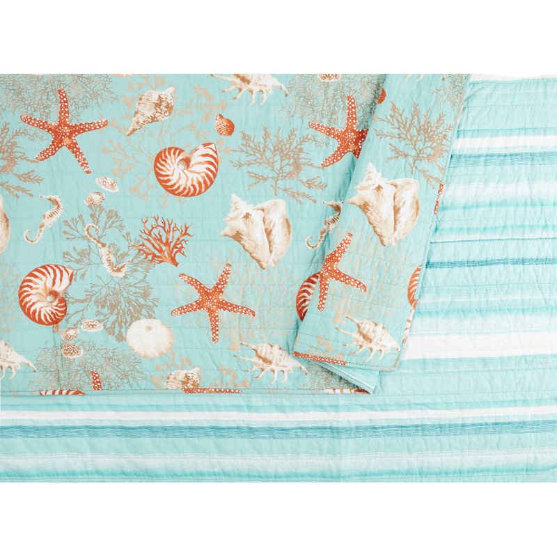 Modern Heirloom Starfish & Shells Reversible 3-Piece Quilt/Coverlet Set ...