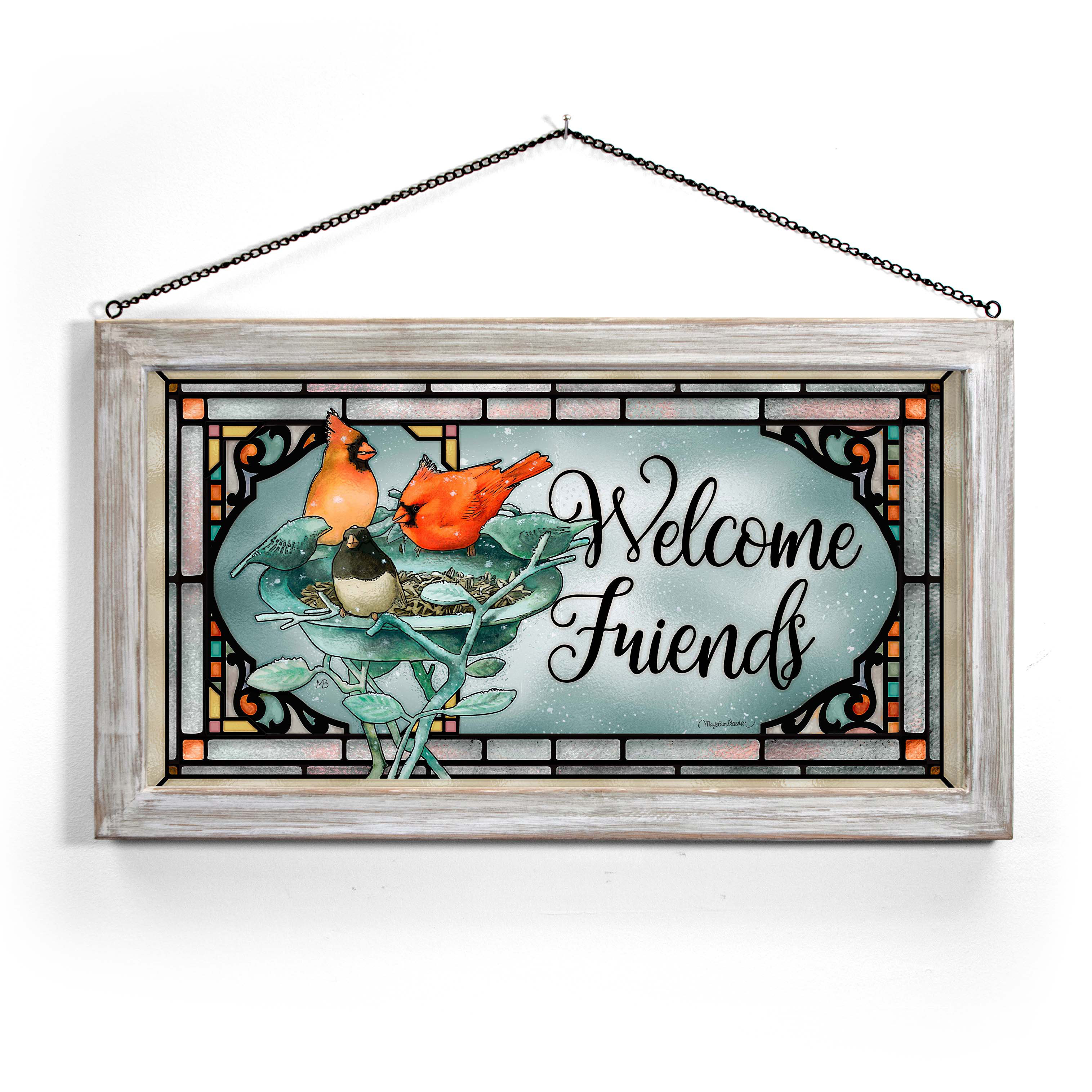Lark Manor™ SGA WELC CARD/JUNCO 13X23 ; BASTIN; STAINED GLASS ART WHITEWASH FRAMED | Wayfair