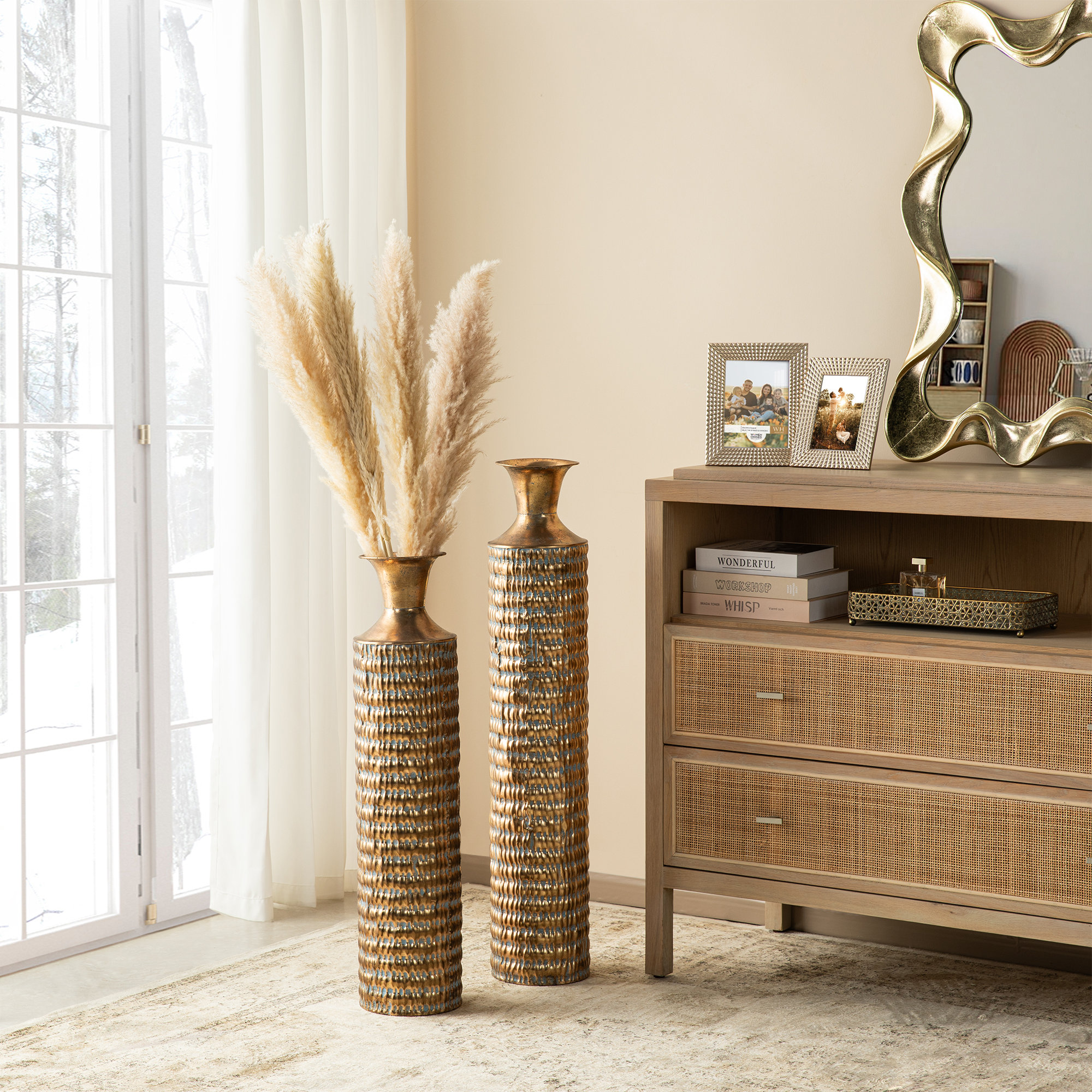 Lark Manor Metal Gold Embossed Floor Vases With Verdigris Finish ...