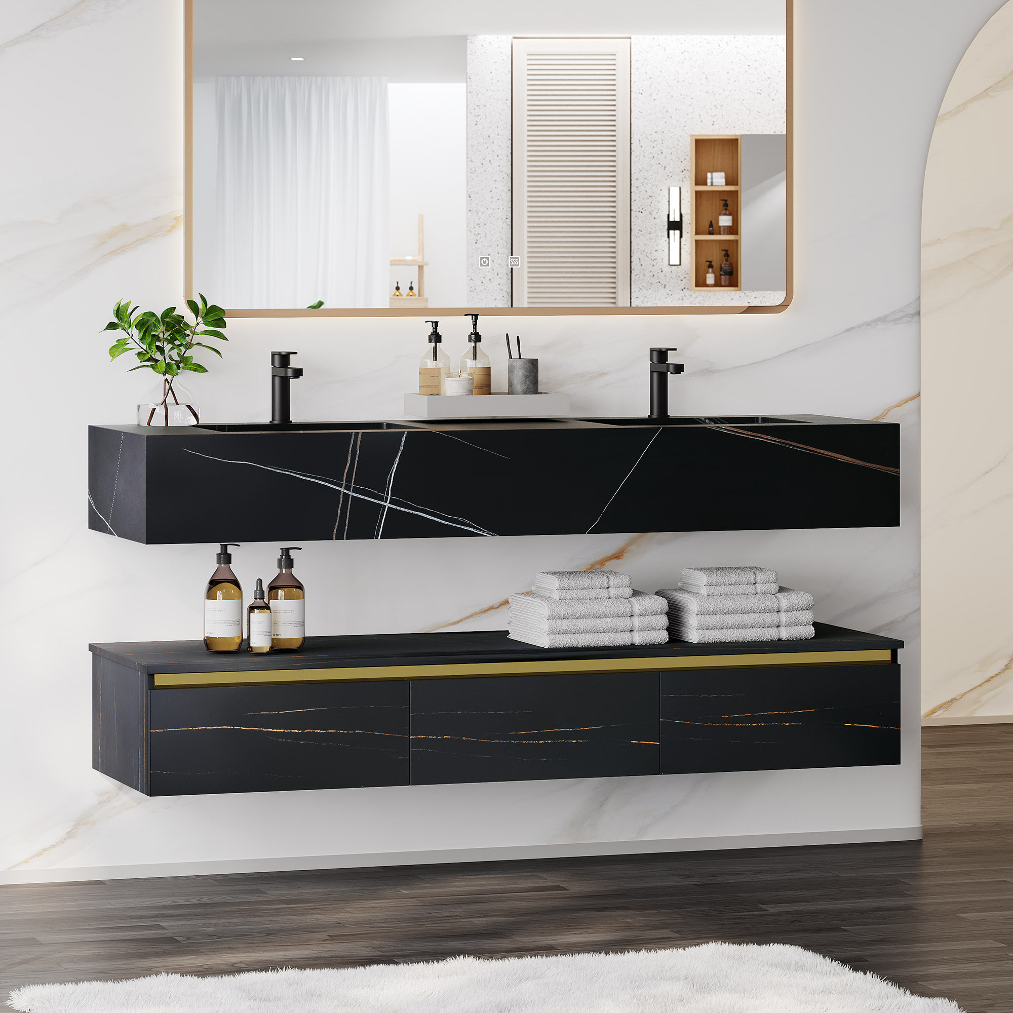 Mercer41 60'' Double Wall Mounted Bathroom Vanity With Sintered Stone ...