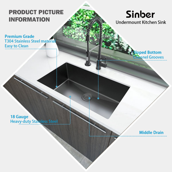 Sinber 32" x 19" Undermount Single Bowl Kitchen Sink with 18 Gauge 304 ...