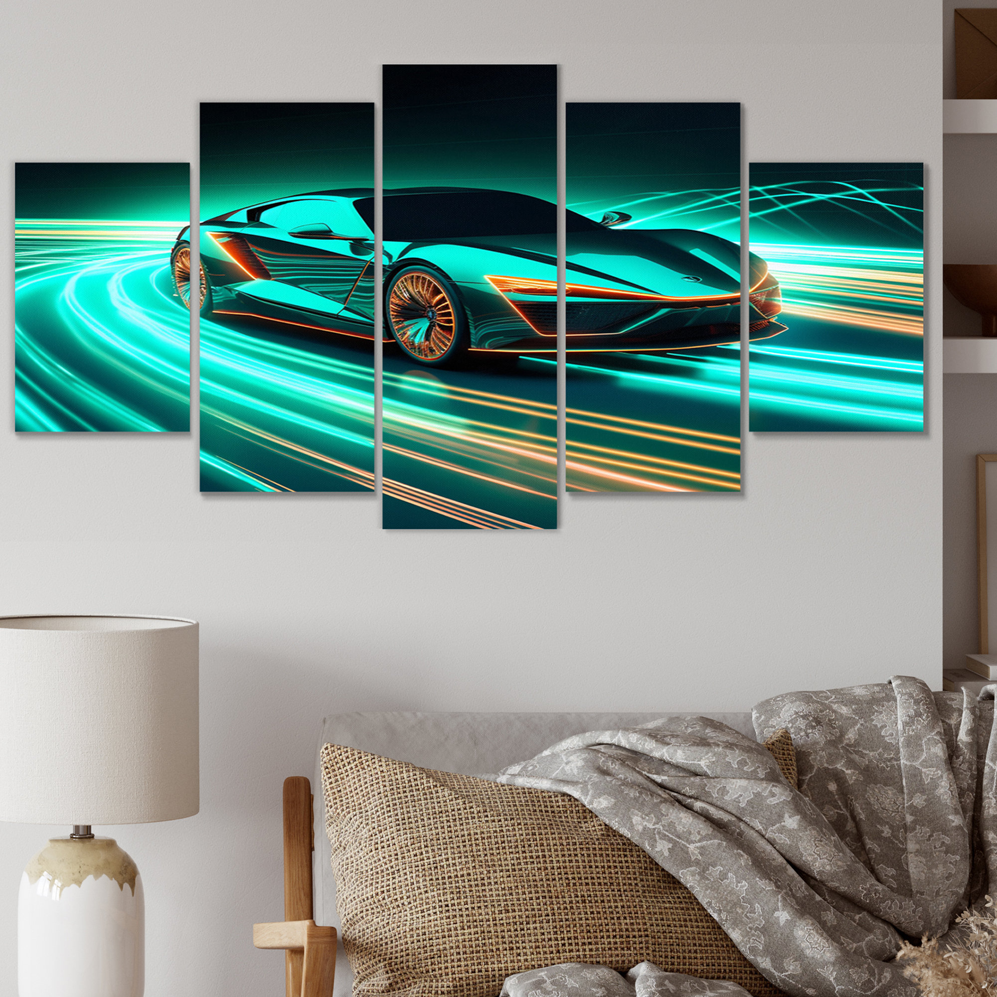 Ebern Designs Teal Neon Exotic Car I - Neon Car Canvas Wall Art - 5 ...