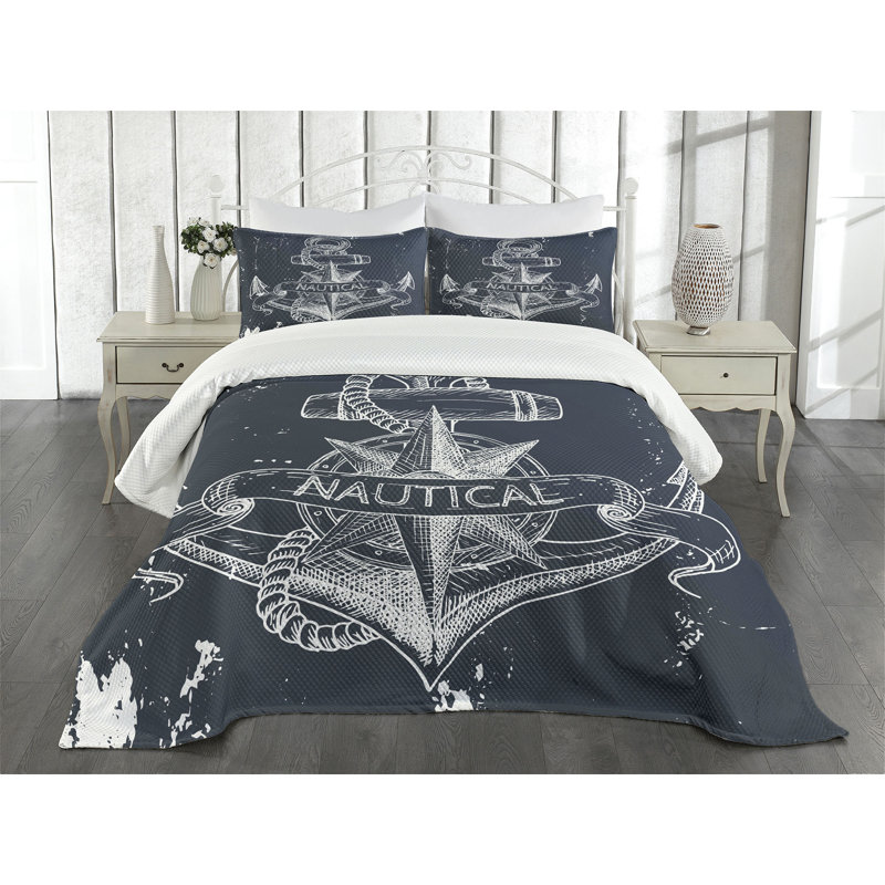Ambesonne Nautical Bedspread Set Knot Anchor Compass Dark Blue White ...