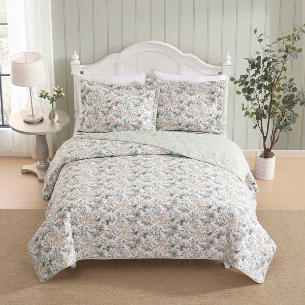 Laura Ashley Bramble Floral Cotton Reversible Pink Quilt Set | Wayfair